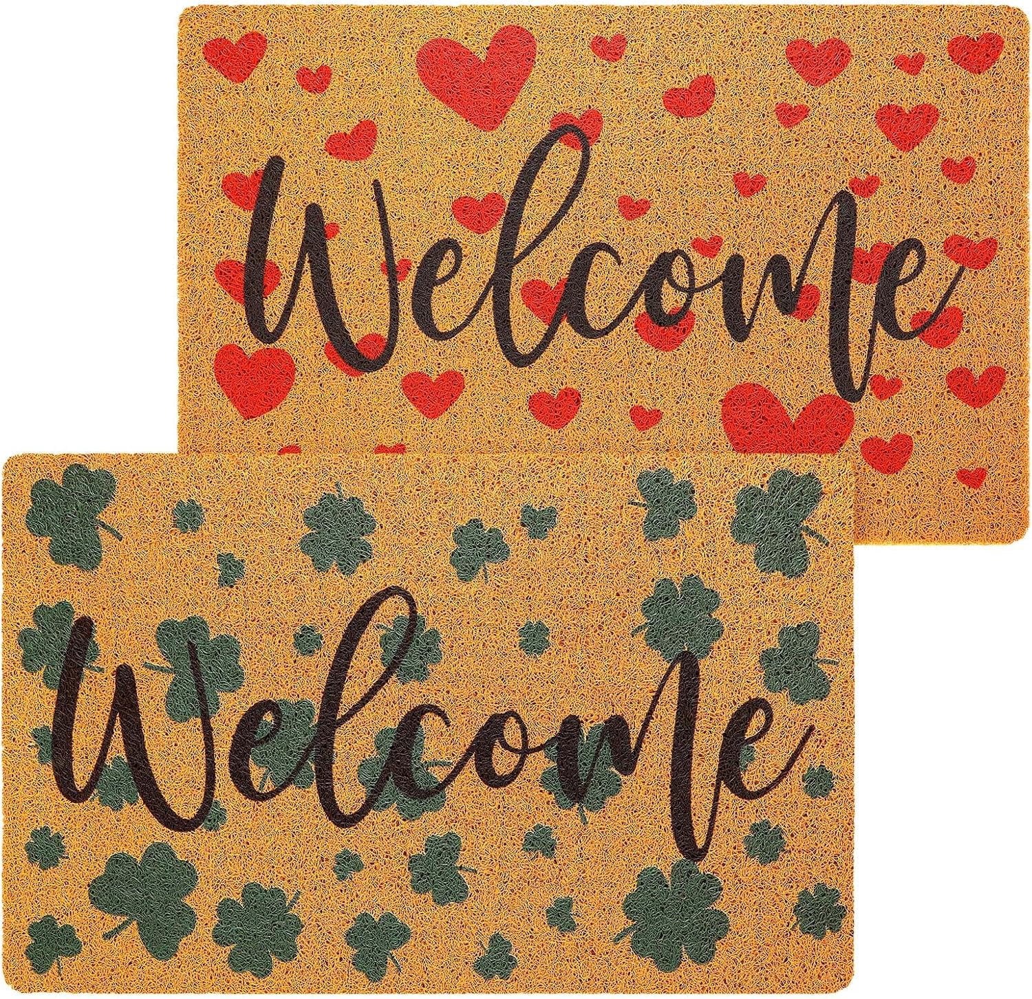 2 Pcs Welcome Doormat Set Shamrock Hearts Imitation Coconut Coir Door ...