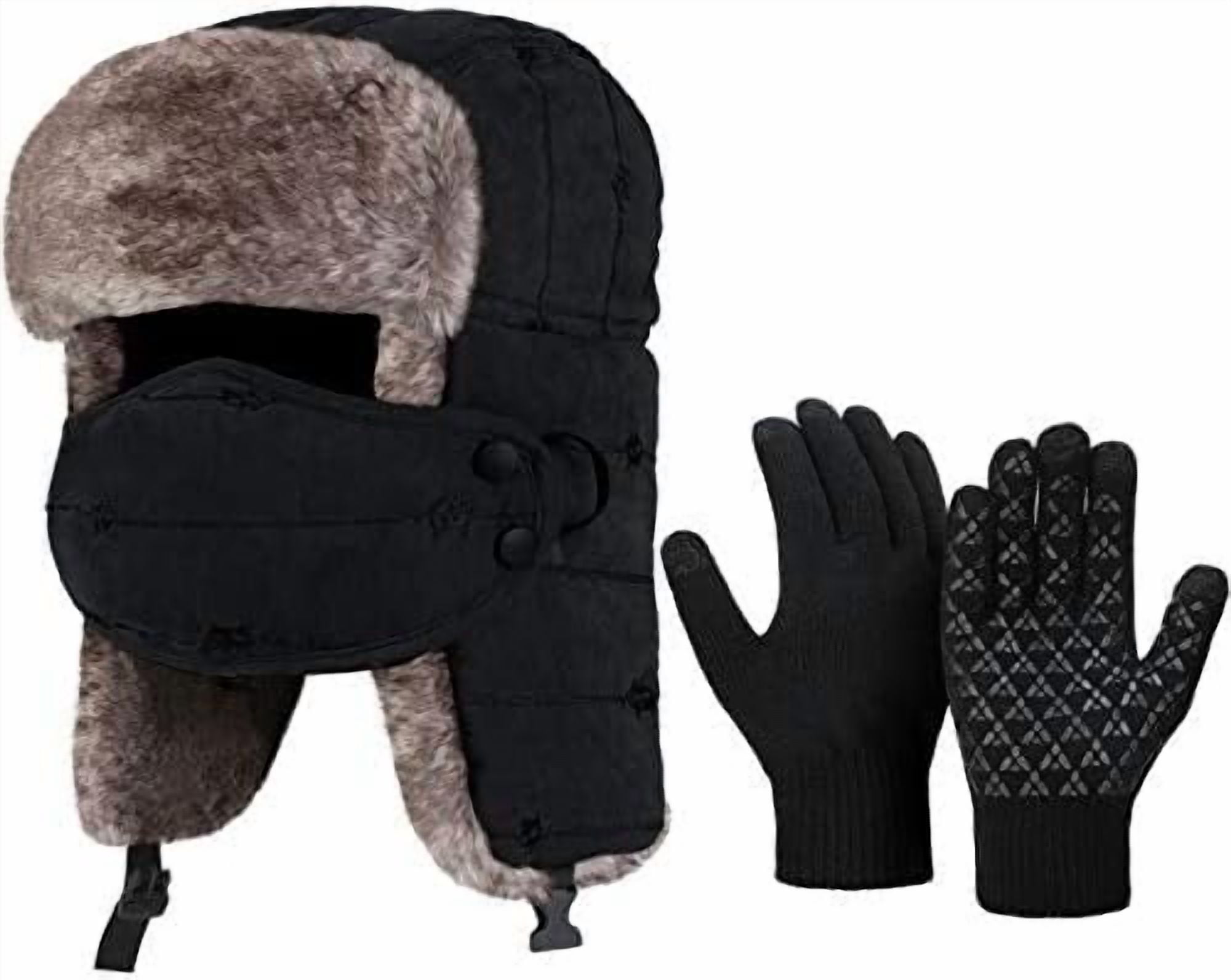 2 Pcs Winter Trapper Hat and Gloves for Men Warm Ushanka Hat with Ear ...
