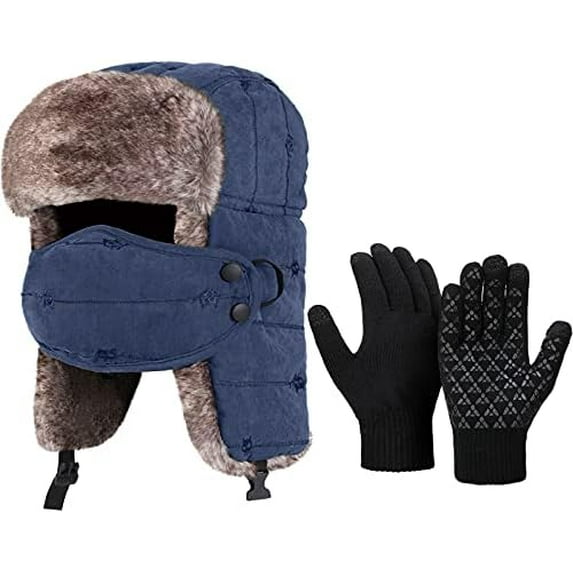 2 Pcs Winter Trapper Hat and Gloves for Men Warm Ushanka Hat with Ear ...