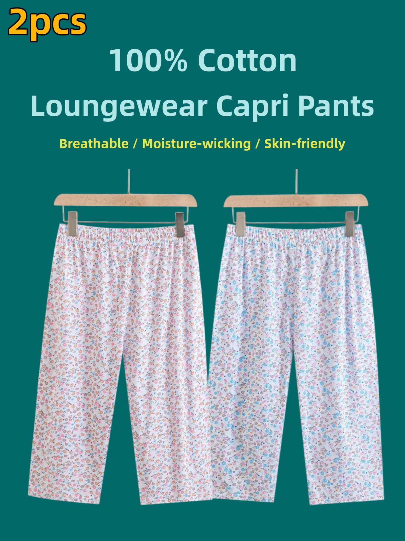 2 Pcs Women's 100% Cotton Small Floral Print 3/4 Length Lounge Pants ...