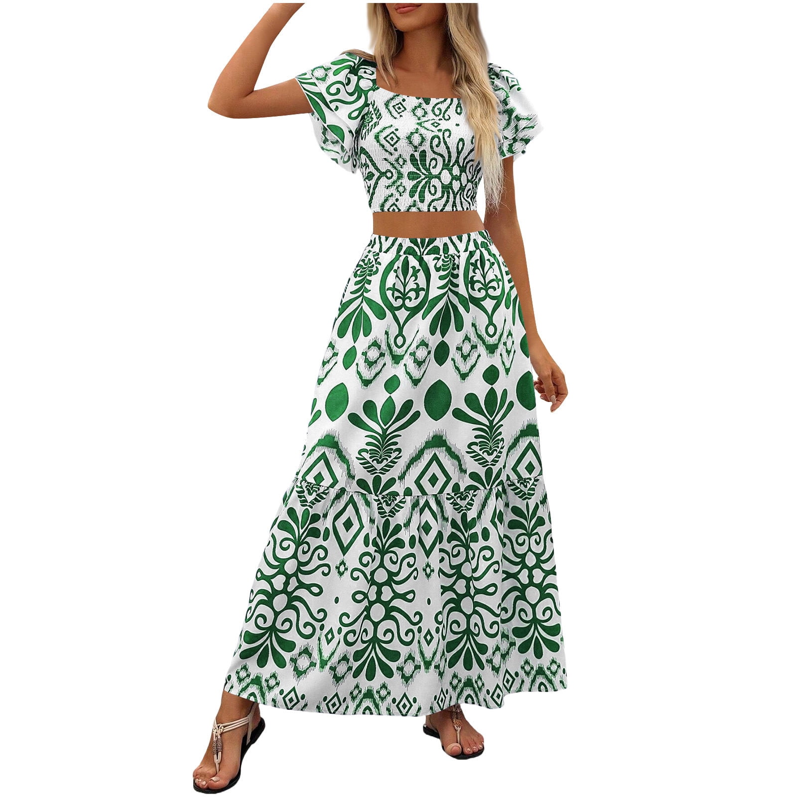 2 Pcs Women's Mini Dress Summer All Over Print Tie Side Blouse Top ...