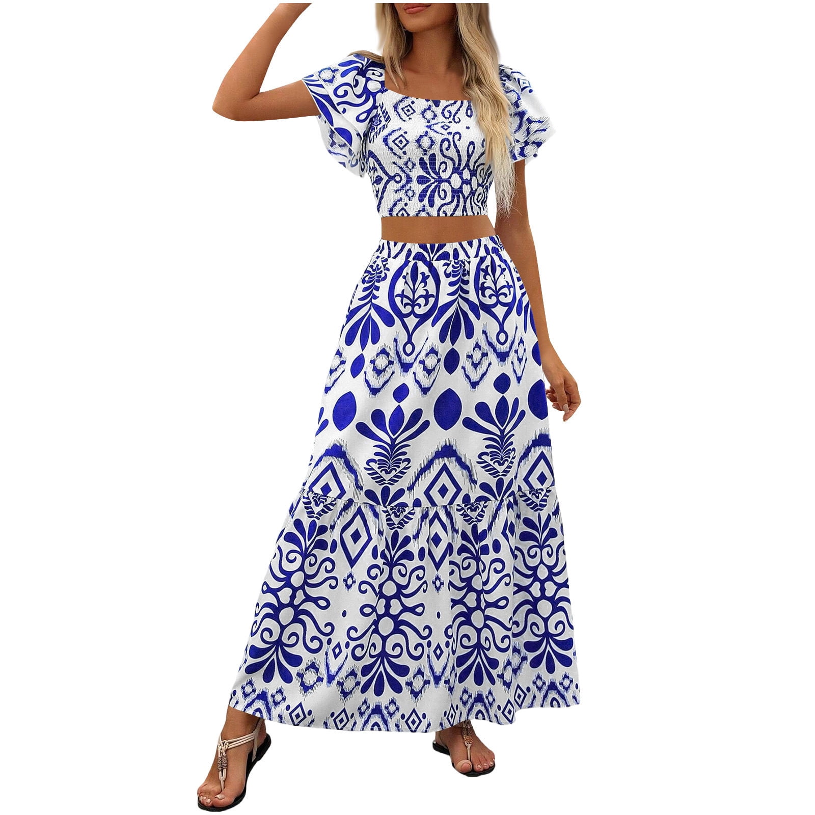 2 Pcs Women's Mini Dress Summer All Over Print Tie Side Blouse Top ...