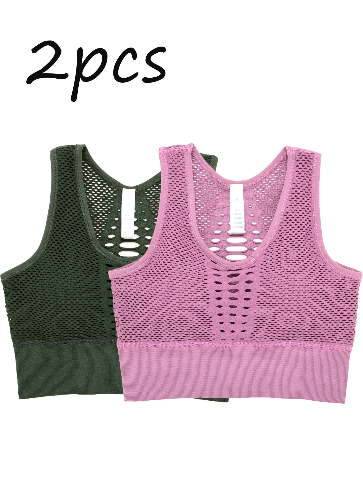 2 Pcs Women's Seamless Padded Sports Bra High Impact Mesh Full Coverage ...