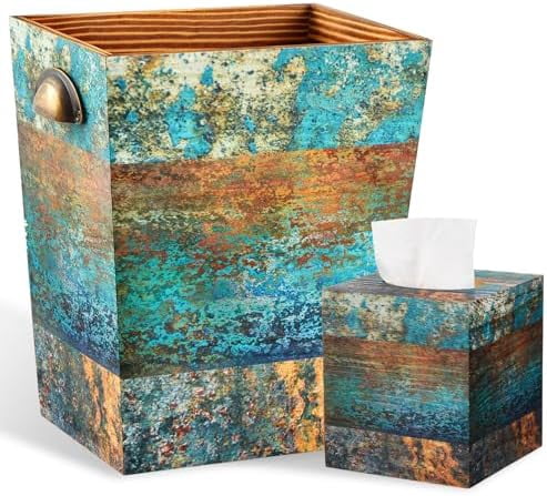 2 Pcs Wood Trash Can & Tissue Box Holder Set, Boho Distressed Wood ...