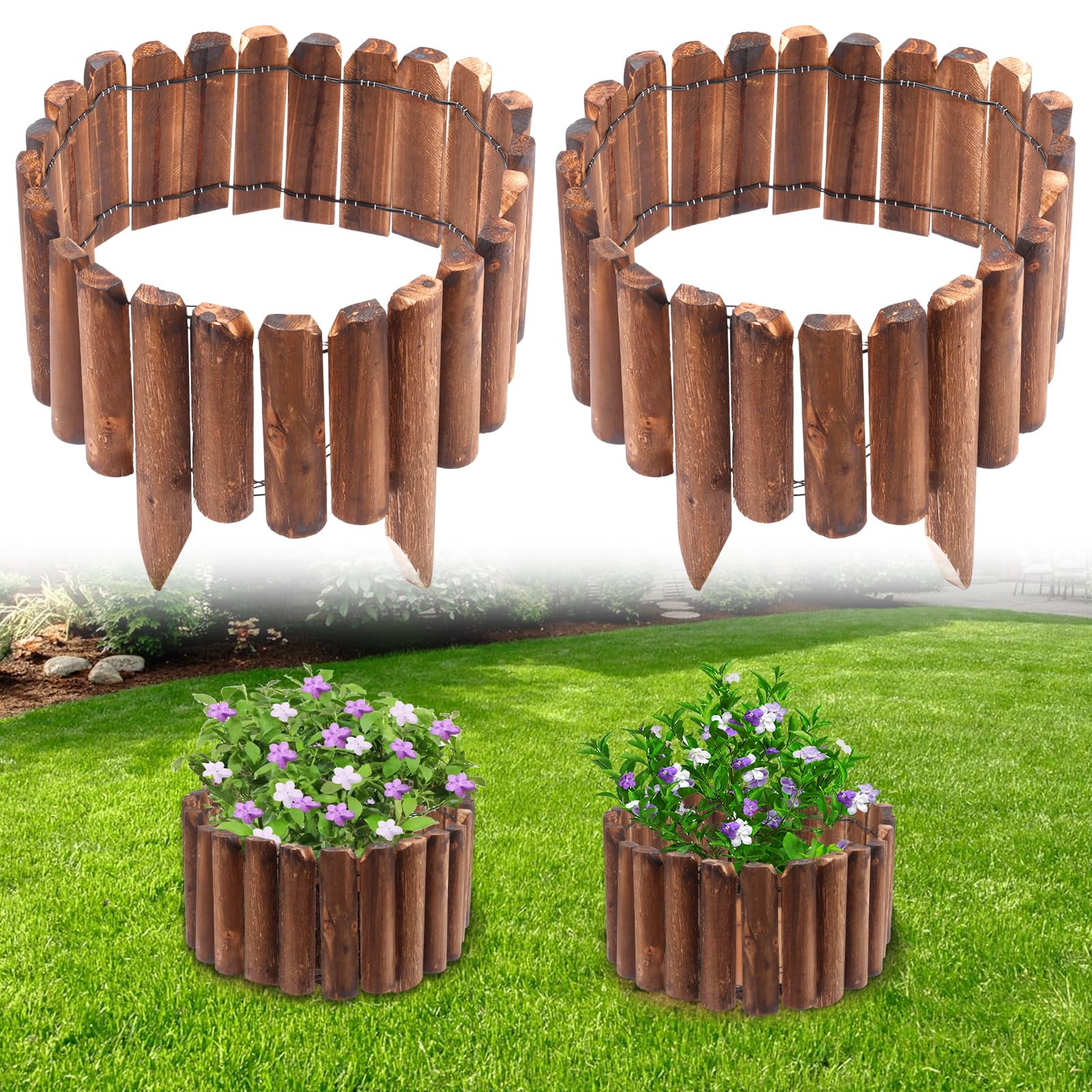 2 Pcs Wooden Garden Edging, Charcoal-Treated Wooden Fence Border Short ...