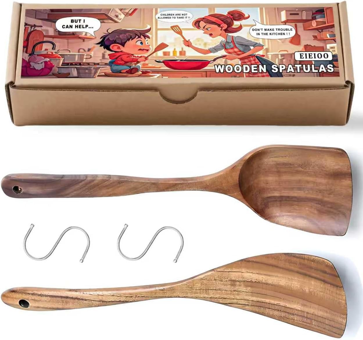 2 Pcs Wooden Spatulas, Natural Teak Spatula and Wooden Spatula Nonstick ...