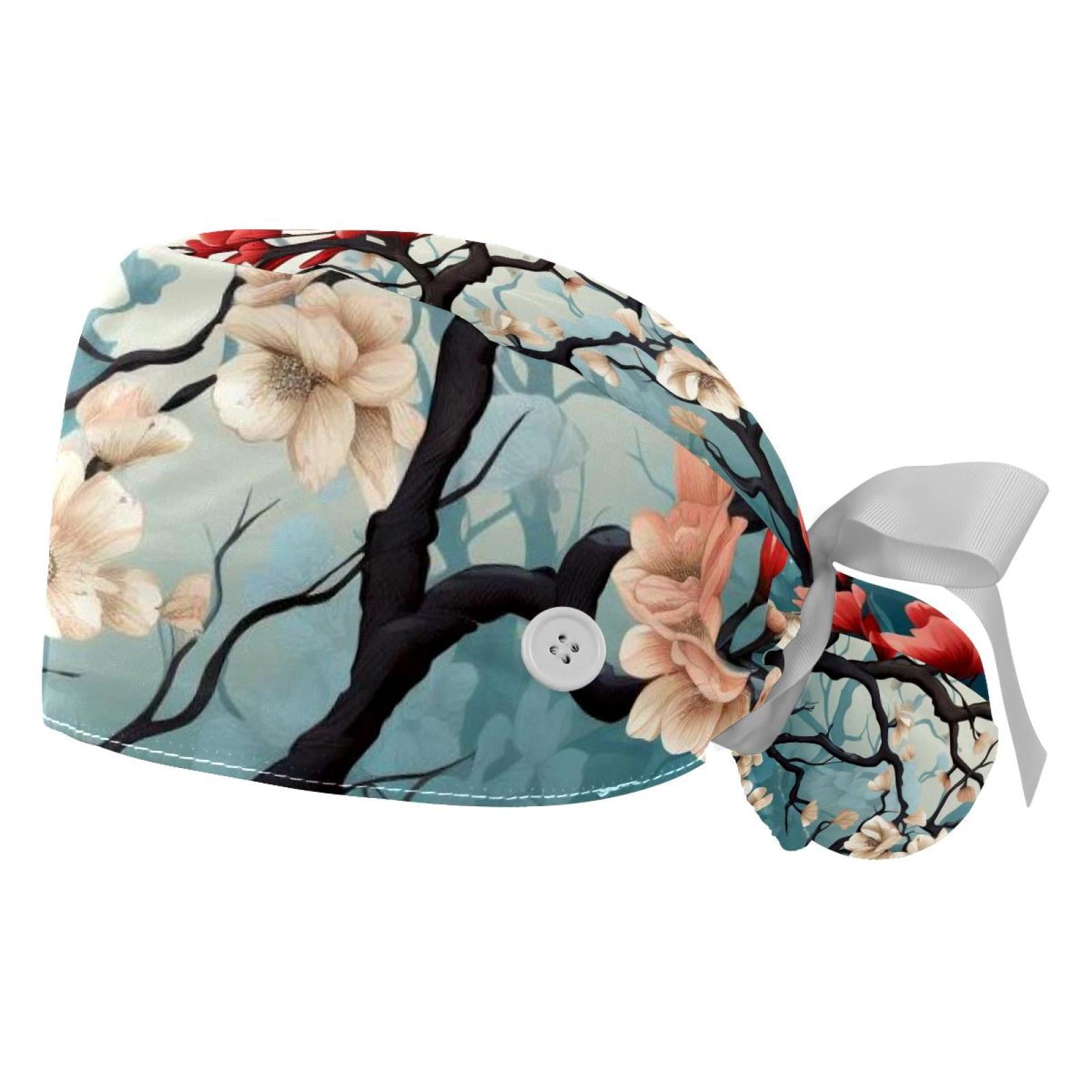 2 Pcs Working Cap Hat with Button and Sweatband,Red White Plum Blossom ...
