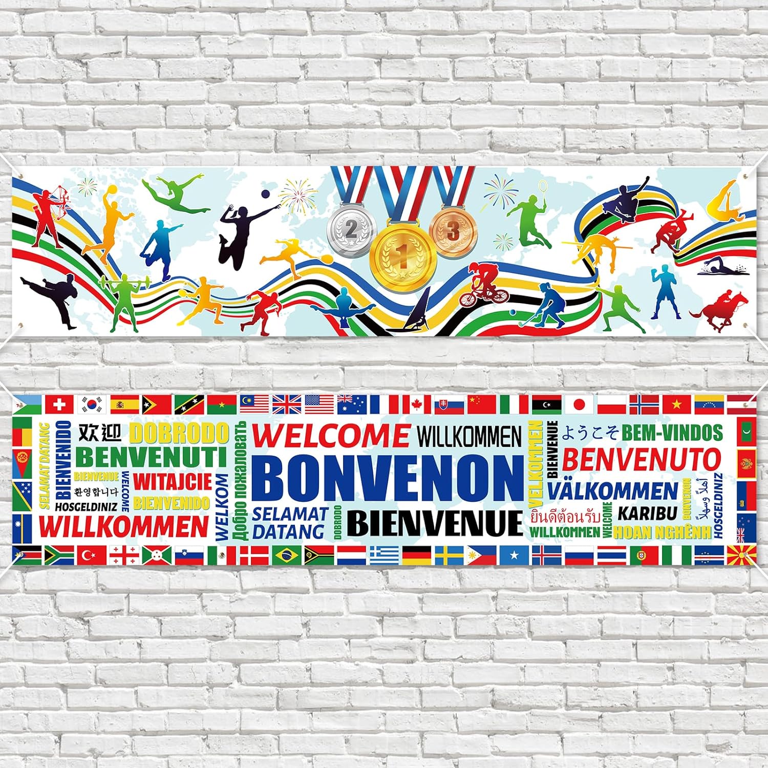 2 Pcs World Flags Welcome Yard Banner, International Flags Sports ...