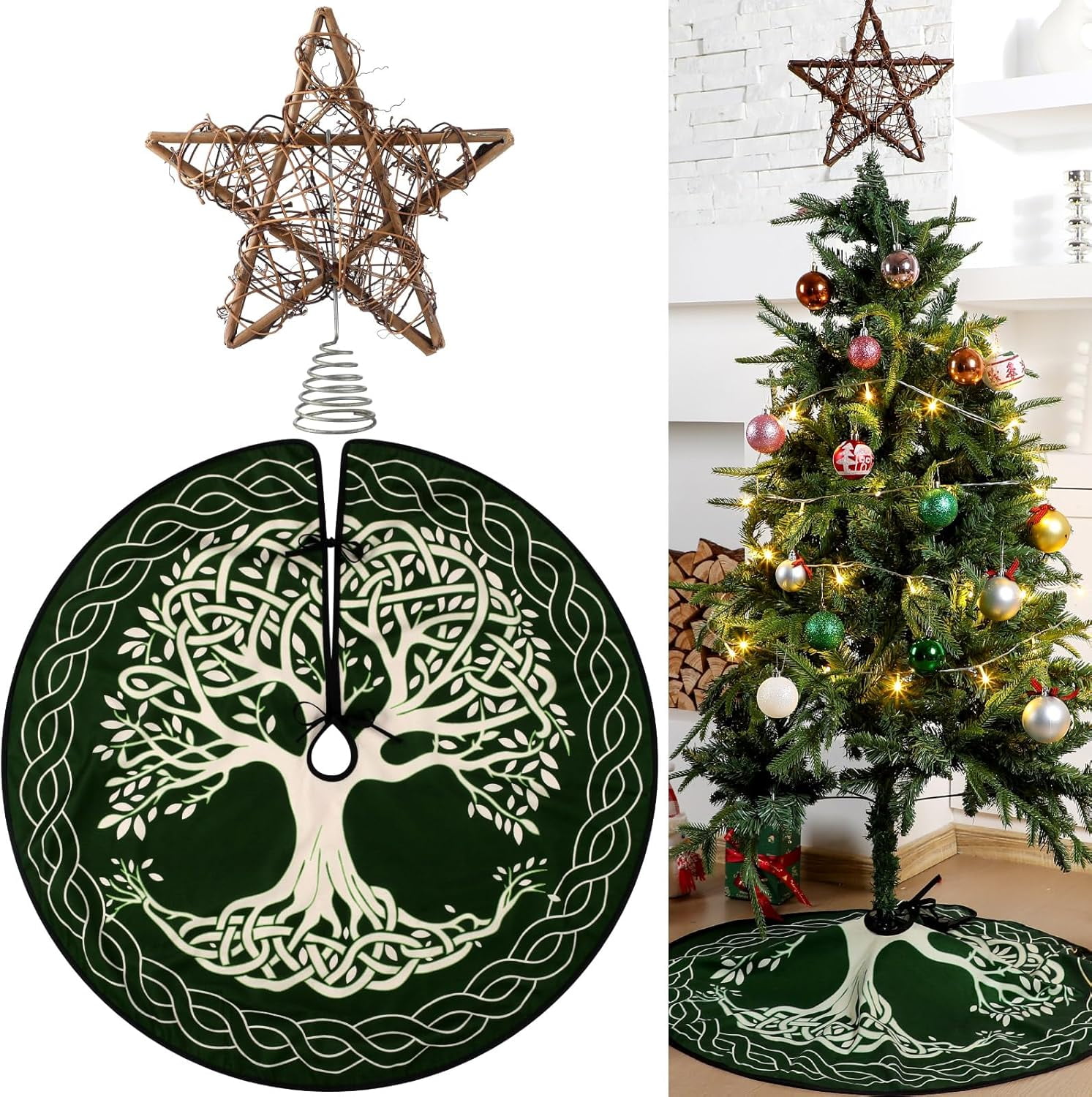 2 Pcs Yule Christmas Tree Topper and 36'' Tree Skirt Set Rustic Star ...