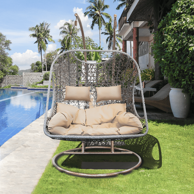 Double Seats Outdoor Wicker Swing with Beige Cushion & Frame Wicker Seating - Walmart.com
