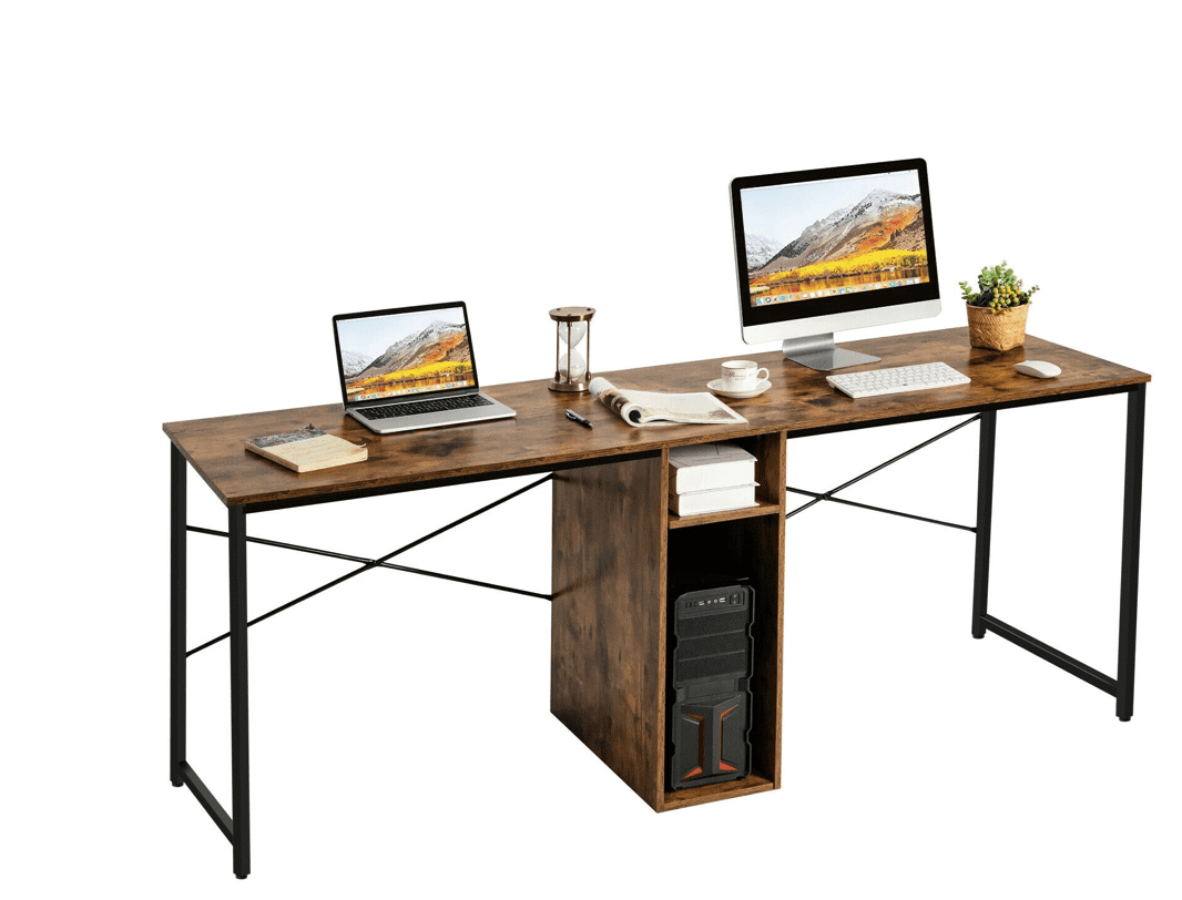 2 Person Computer Desk Double Workstation Office Desk w/ Storage (Brown ...