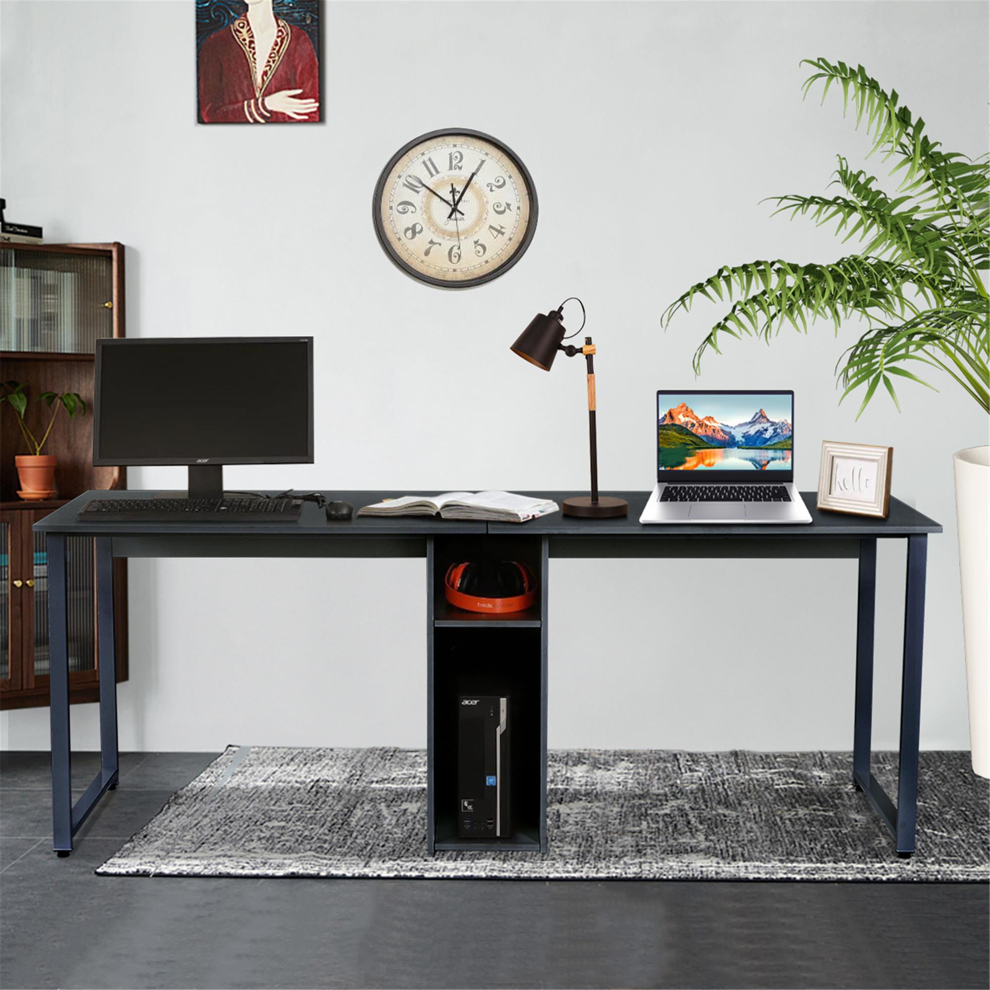 2-Person Computer Desk, Large Double Workstation with Hutch and Storage ...