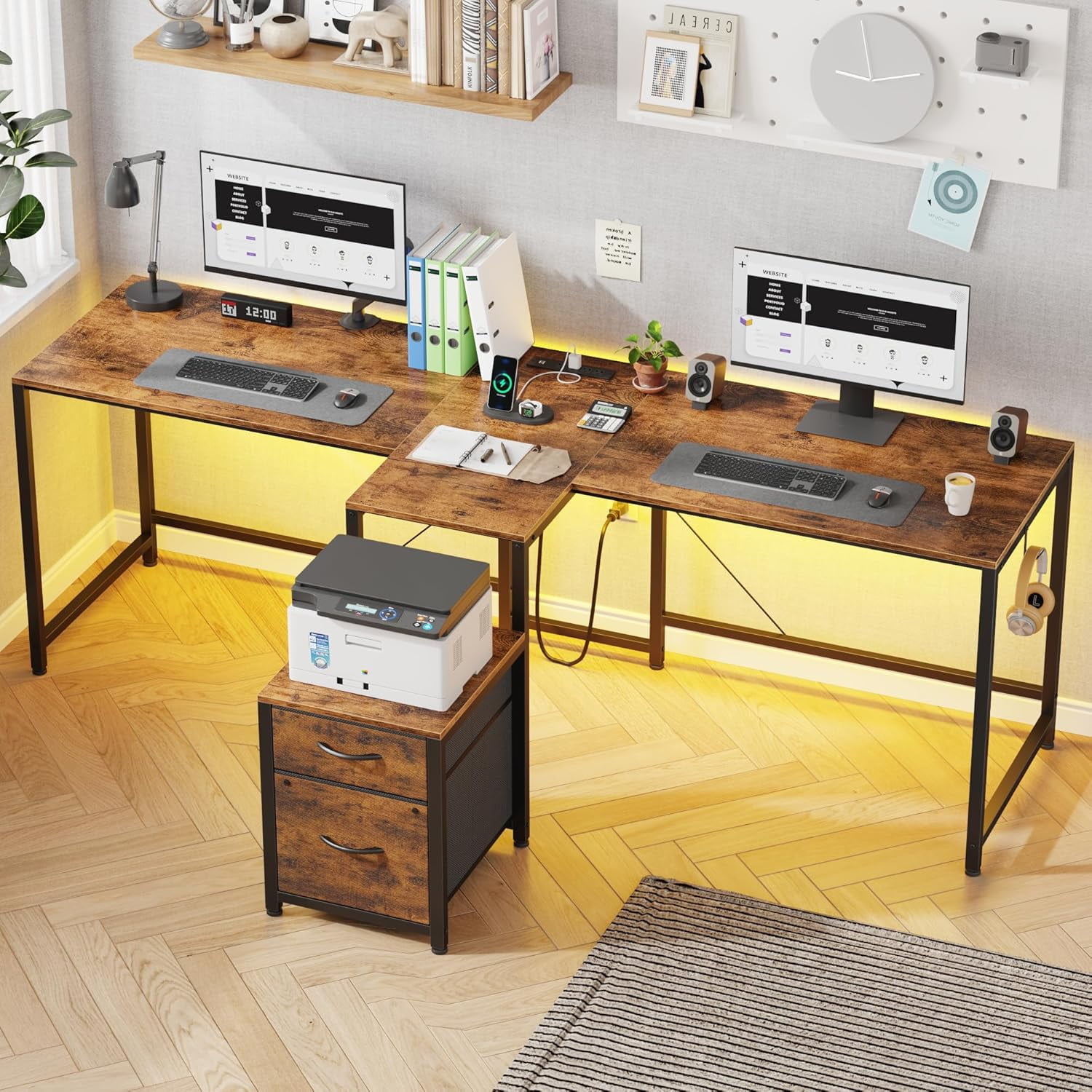 2 Person Desk with Power Outlet, Long Two Person Gaming Table with LED ...