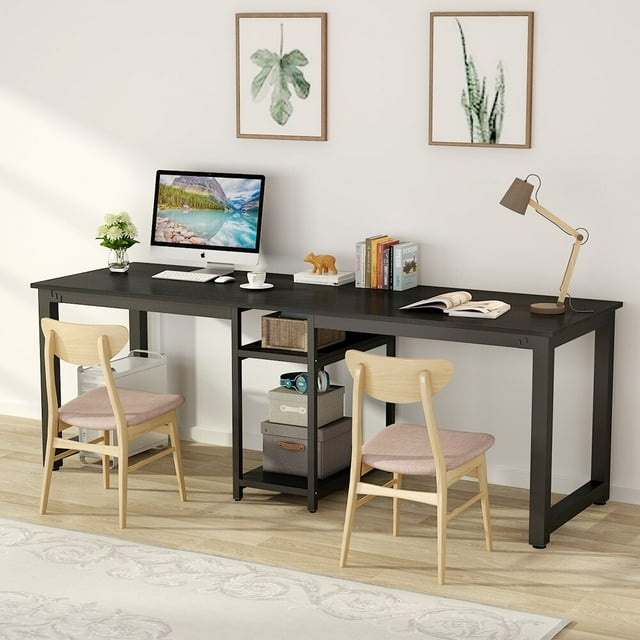 2-Person Desk Workstation Desk for Home Office with Shelf Black ...