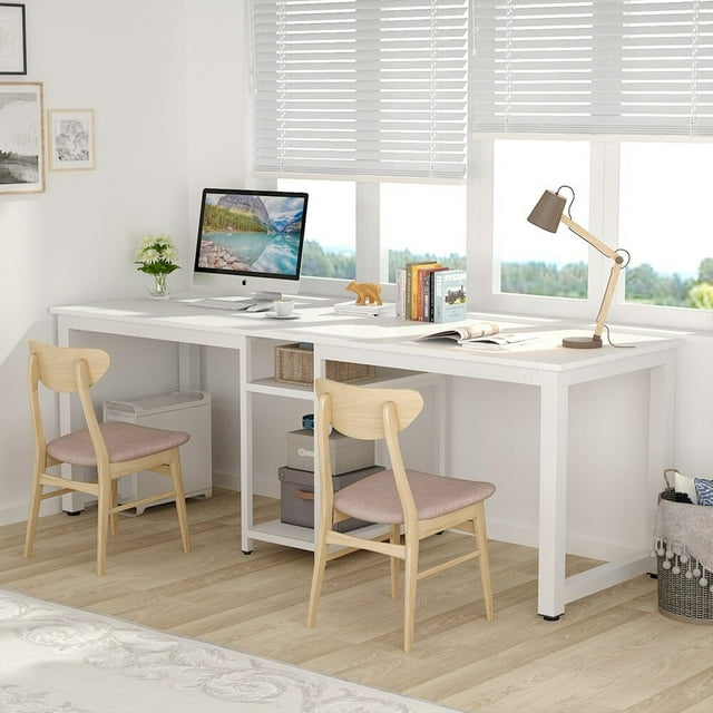 2-Person Desk Workstation Desk for Home Office with Shelf White ...