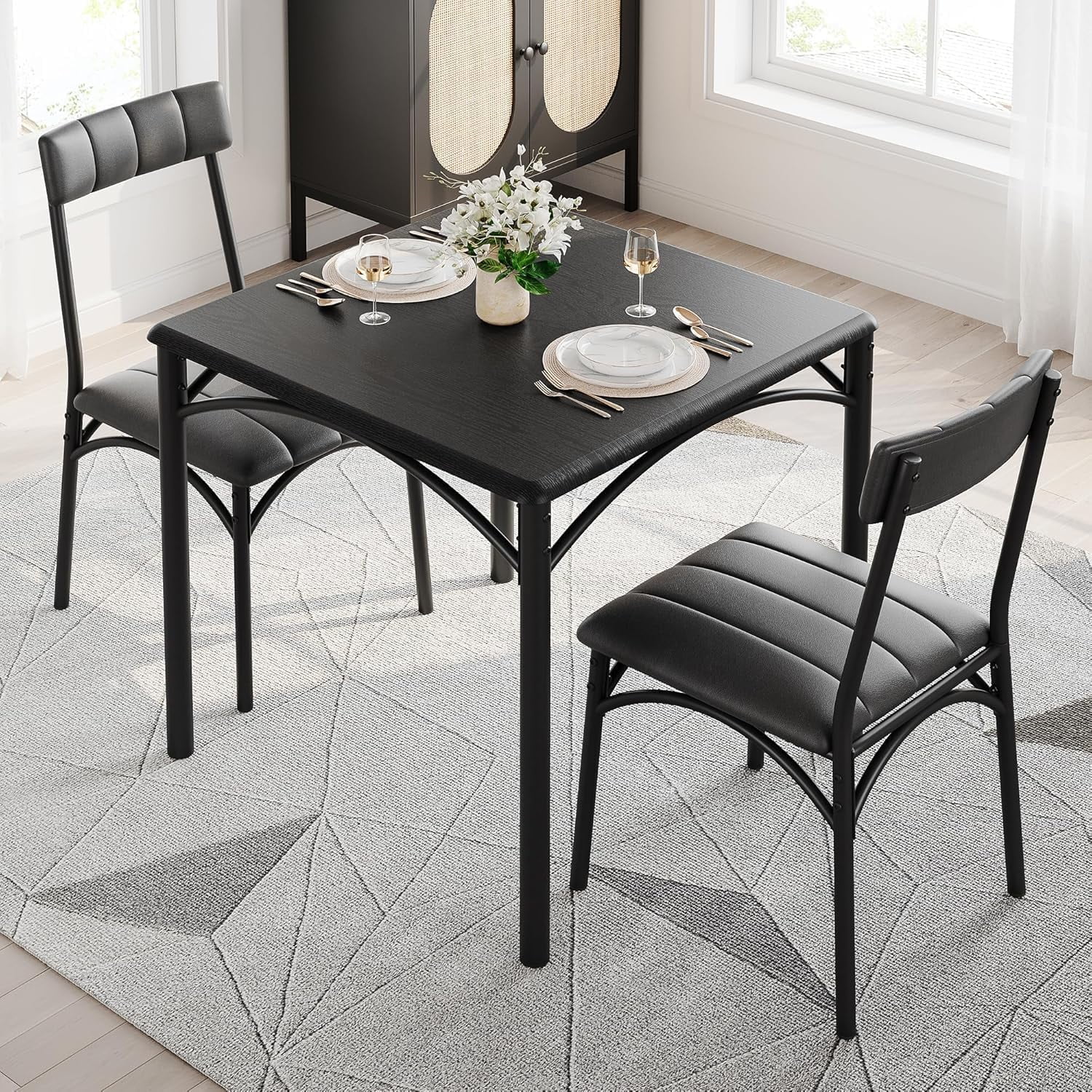 2-Person Dining Table Set(3 Pieces) - Square Kitchen Table & Cozy ...