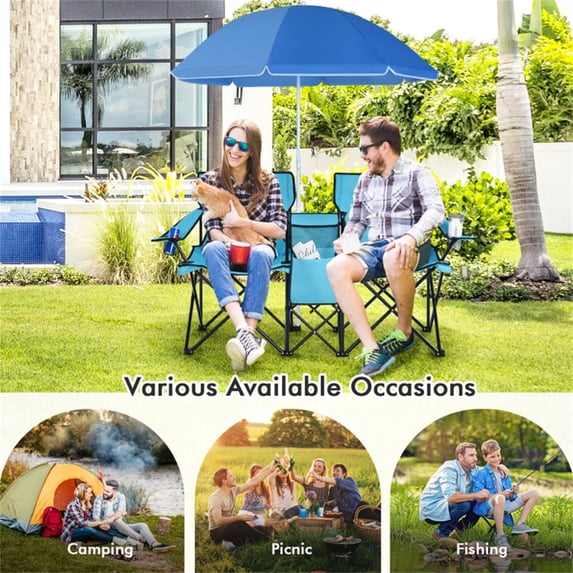 2 Person Folding Camping Chairs with Adjustable Umbrella Cooler Bag ...