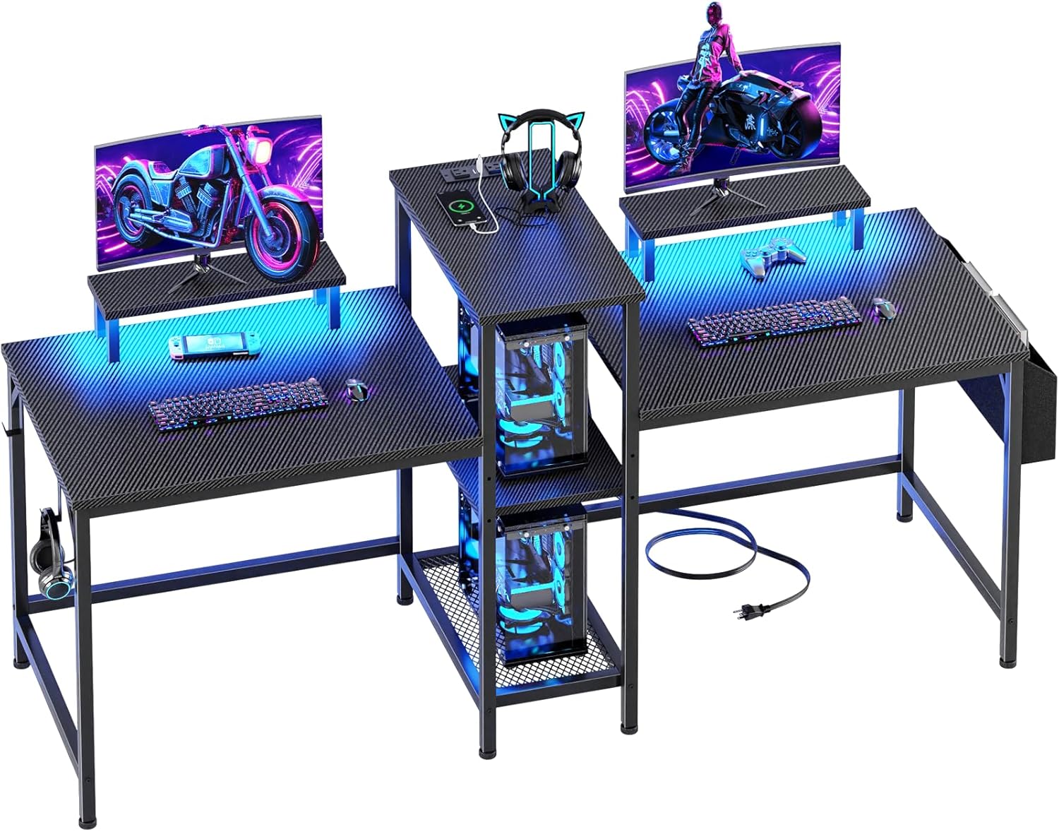 2 Person Gaming Desk with LED Lights,71 Inch Computer Desk with Power ...
