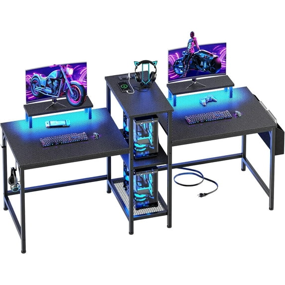 2 Person Gaming Desk with LED Lights,71 Inch Computer Desk with Power ...