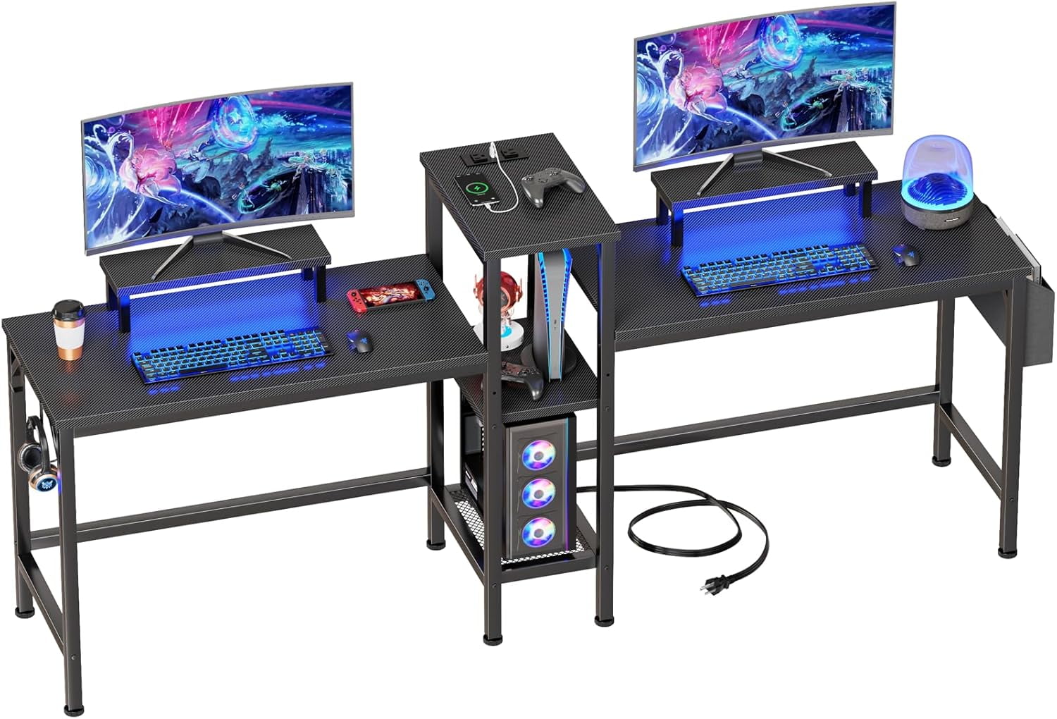 2 Person Gaming Desk with LED Lights, 71 Inch Computer Desk with Power ...