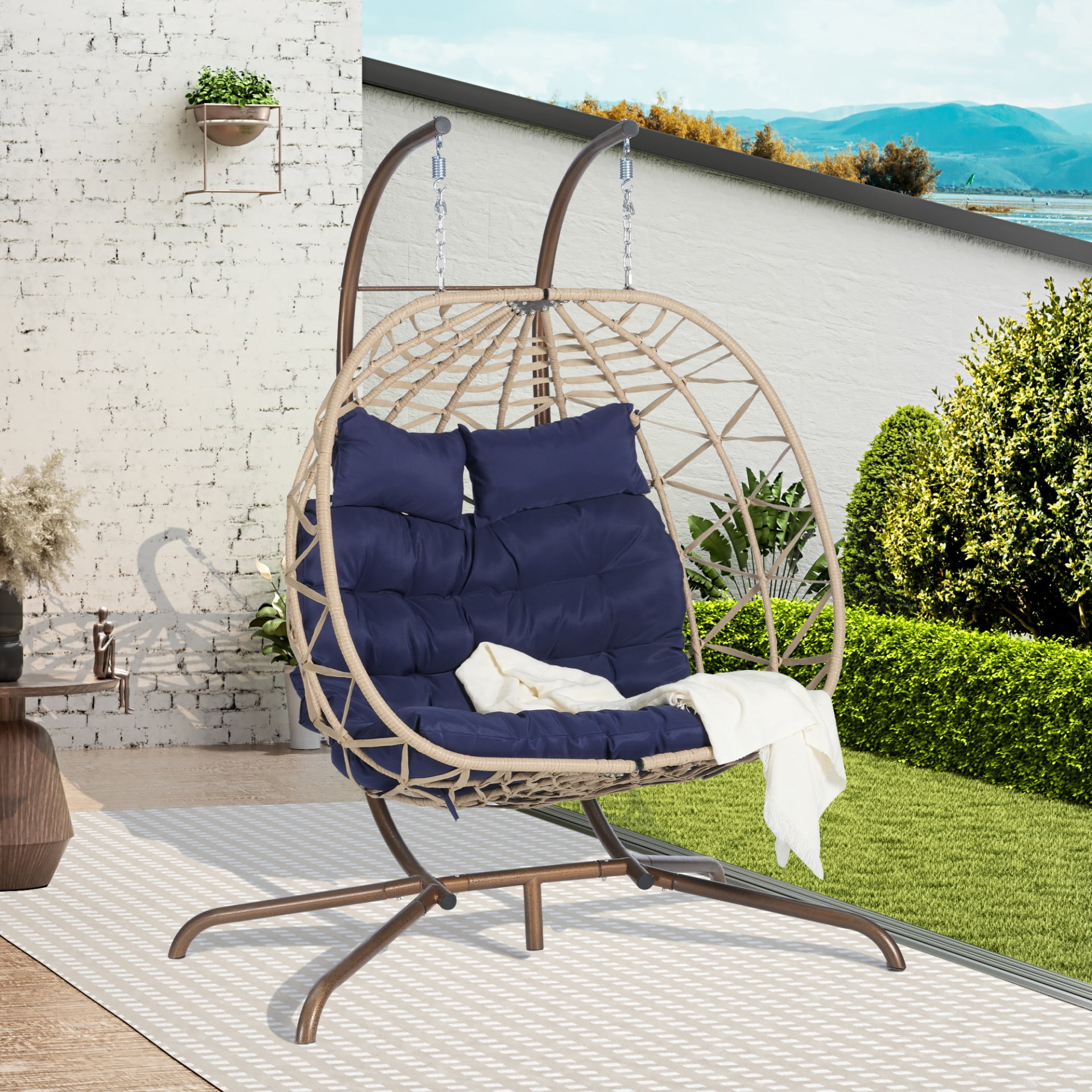 2 Person Hanging Egg Chair with Stand, Patio Rattan Wicker Double Egg ...