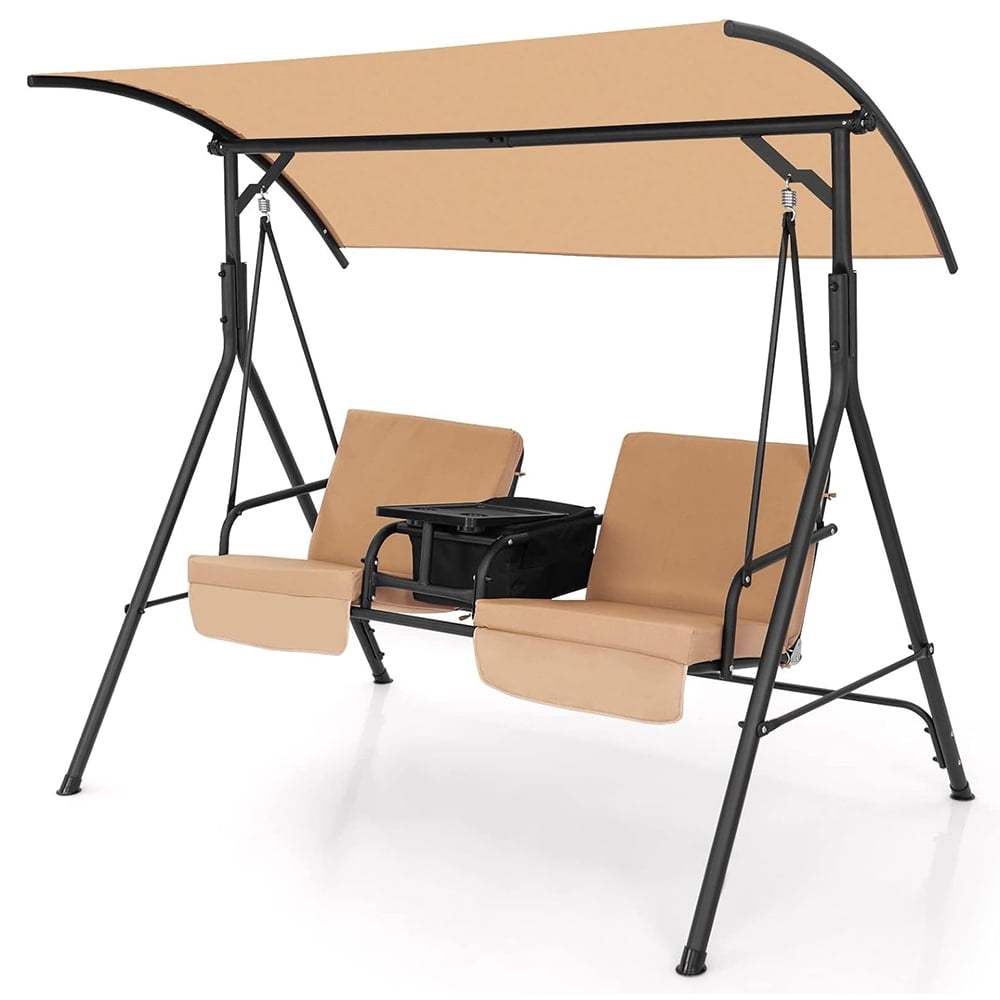 2 Person Porch Swing with Canopy, Outdoor Swing with Center Tray and 6 ...
