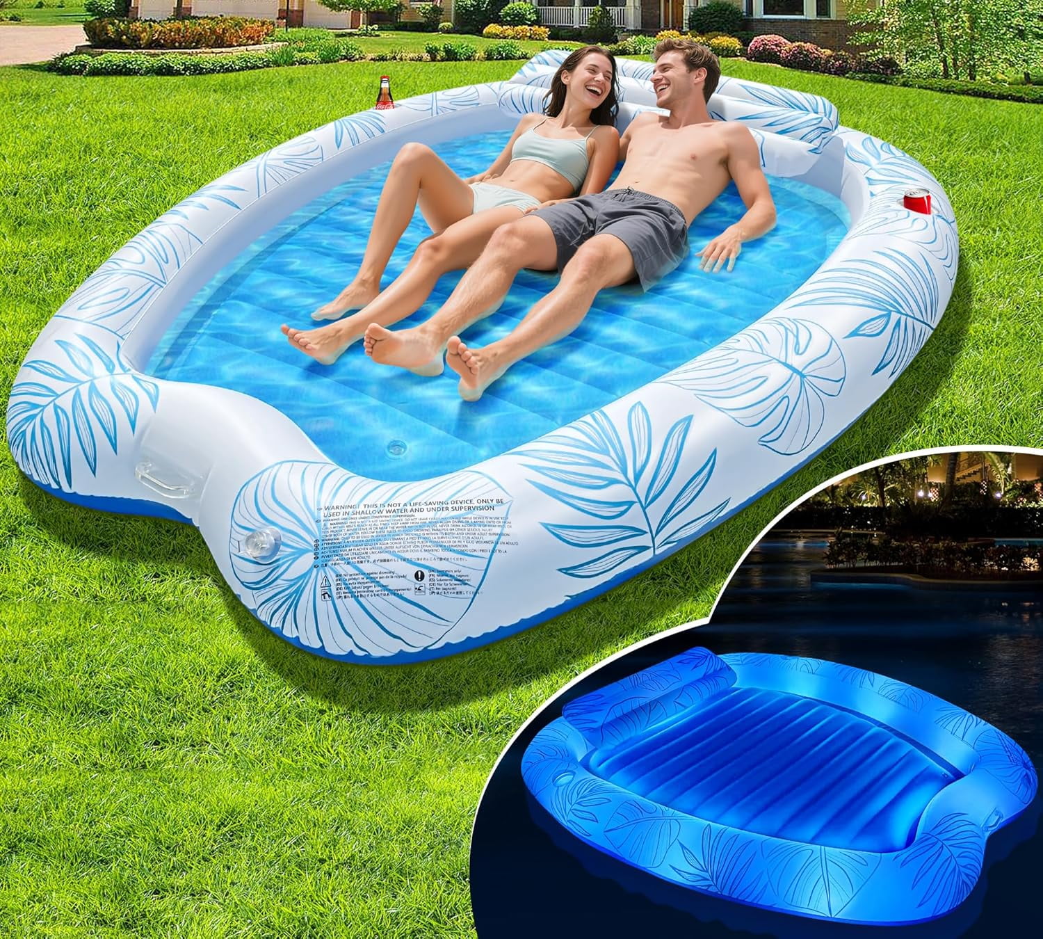 2 Person Inflatable Tanning Pool Lounger Float, Solar Powered Inflatable Tanning Bed Float with ...