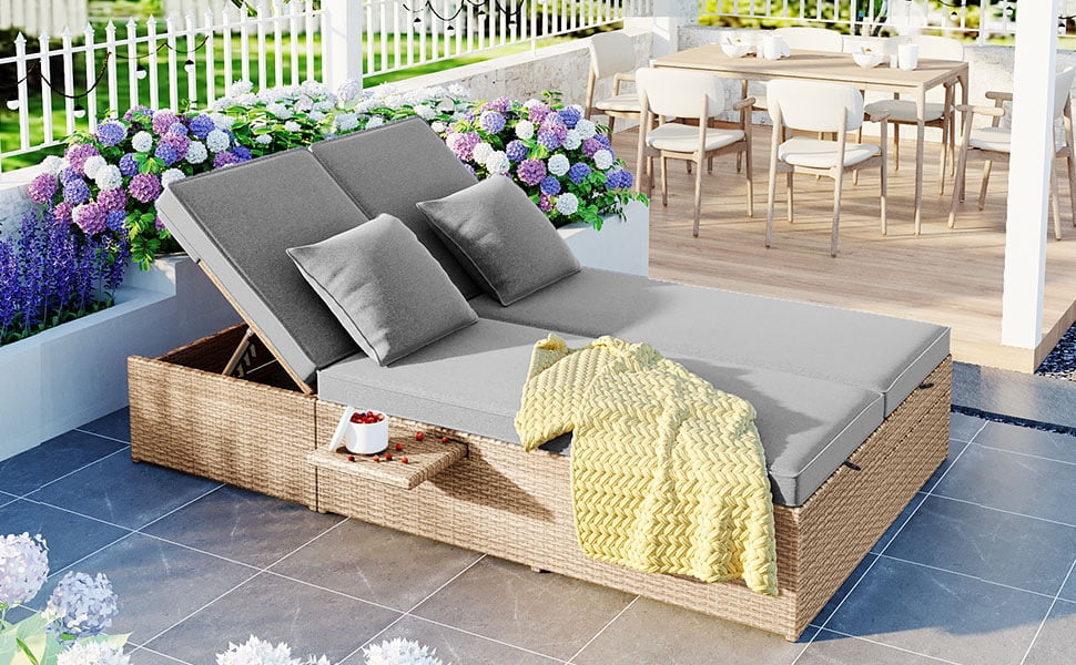 2-Person Outdoor Patio Sunbed Lounger,All-Weather Wicker Rattan Double ...