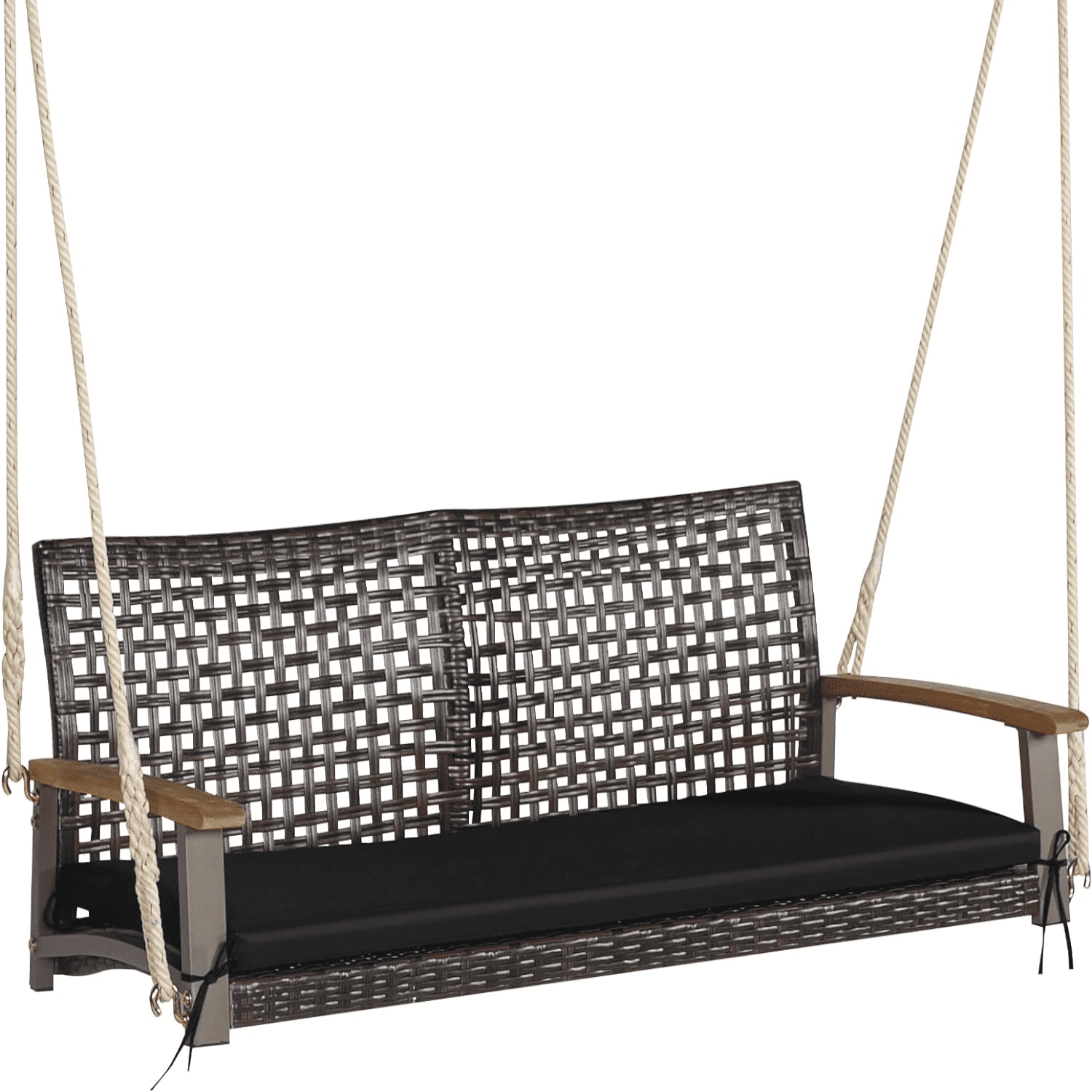 2-Person Outdoor Porch Swing with 118" Hanging Ropes Patiojoy PE Wicker ...