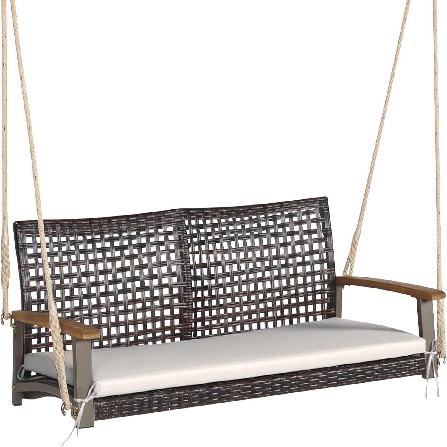 2 Person PE Wicker Porch Bench Outdoor Hanging with Soft and Hanging ...