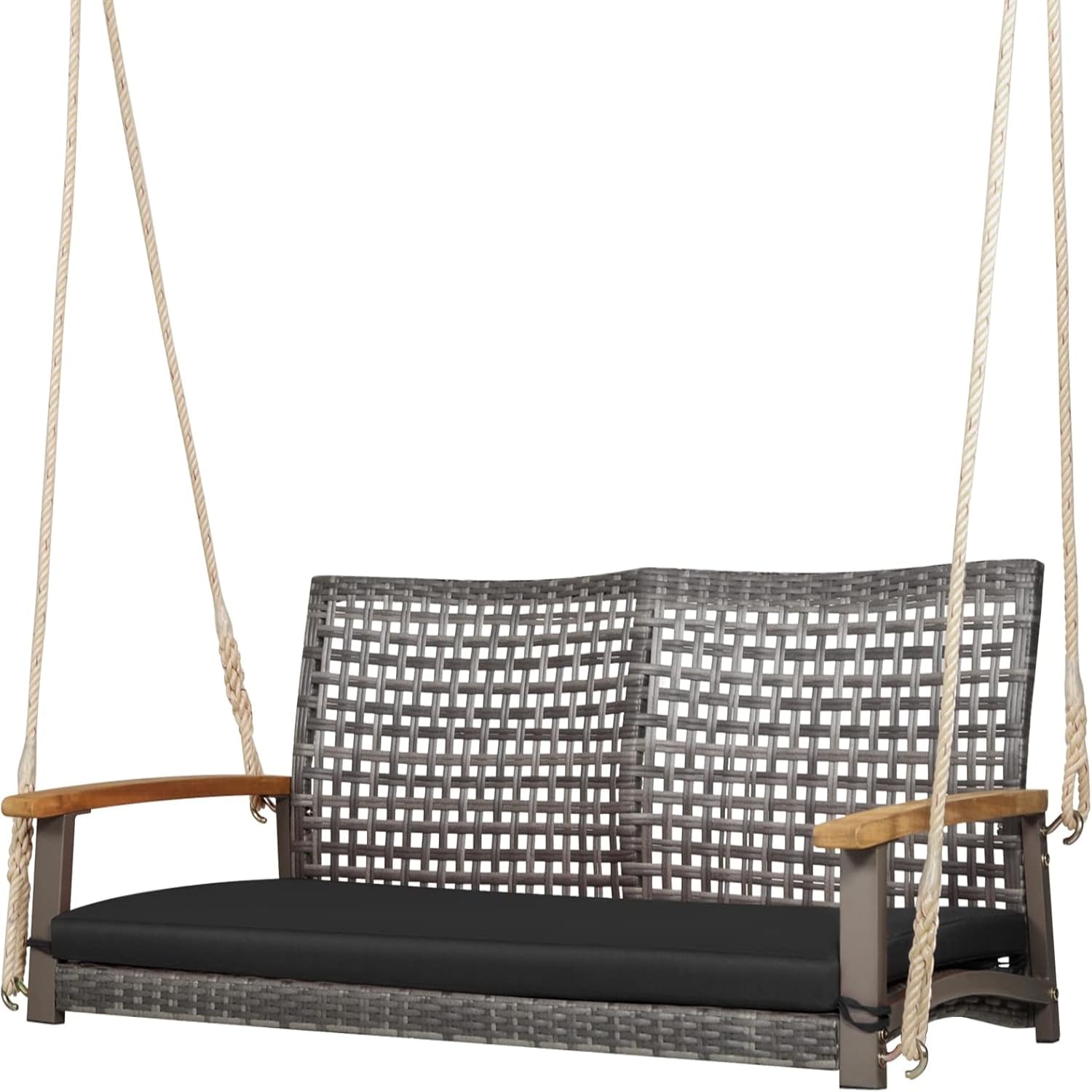 2 Person PE Wicker Porch Bench Outdoor Hanging with Soft and Hanging ...