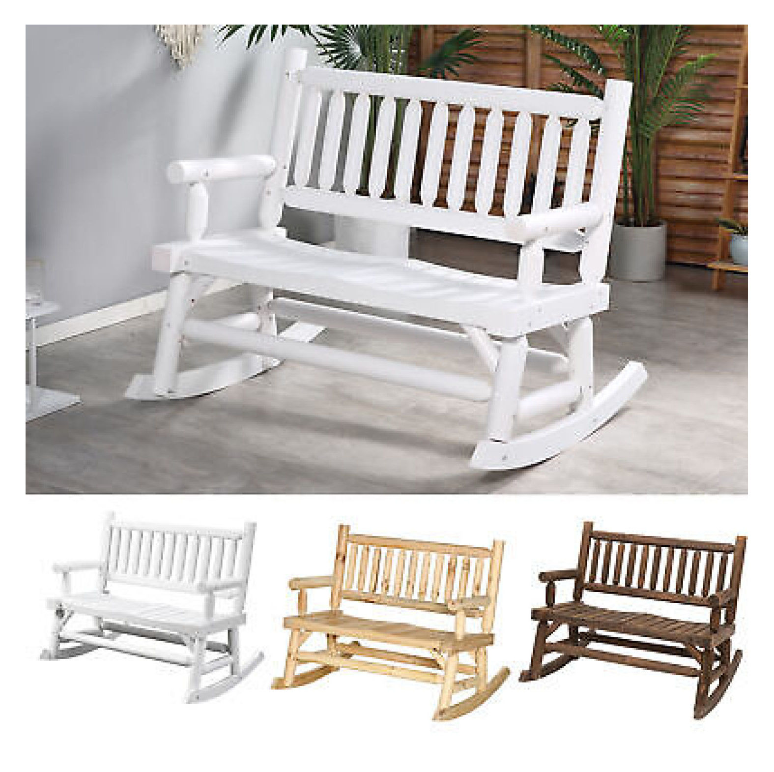 2-Person Patio Rocking Chair Wooden Log Loveseat Rocker Backyard Garden ...