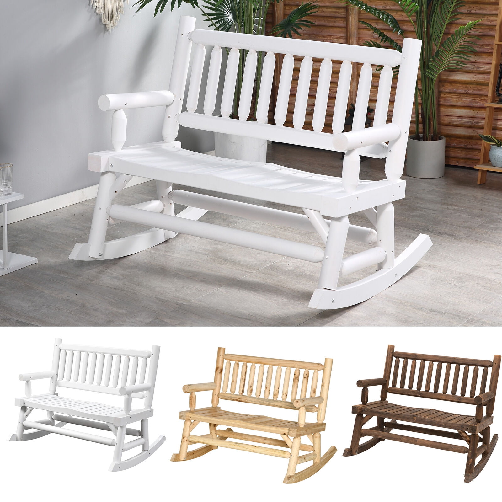 2-Person Patio Rocking Chair Wooden Log Loveseat Rocker Backyard Garden ...
