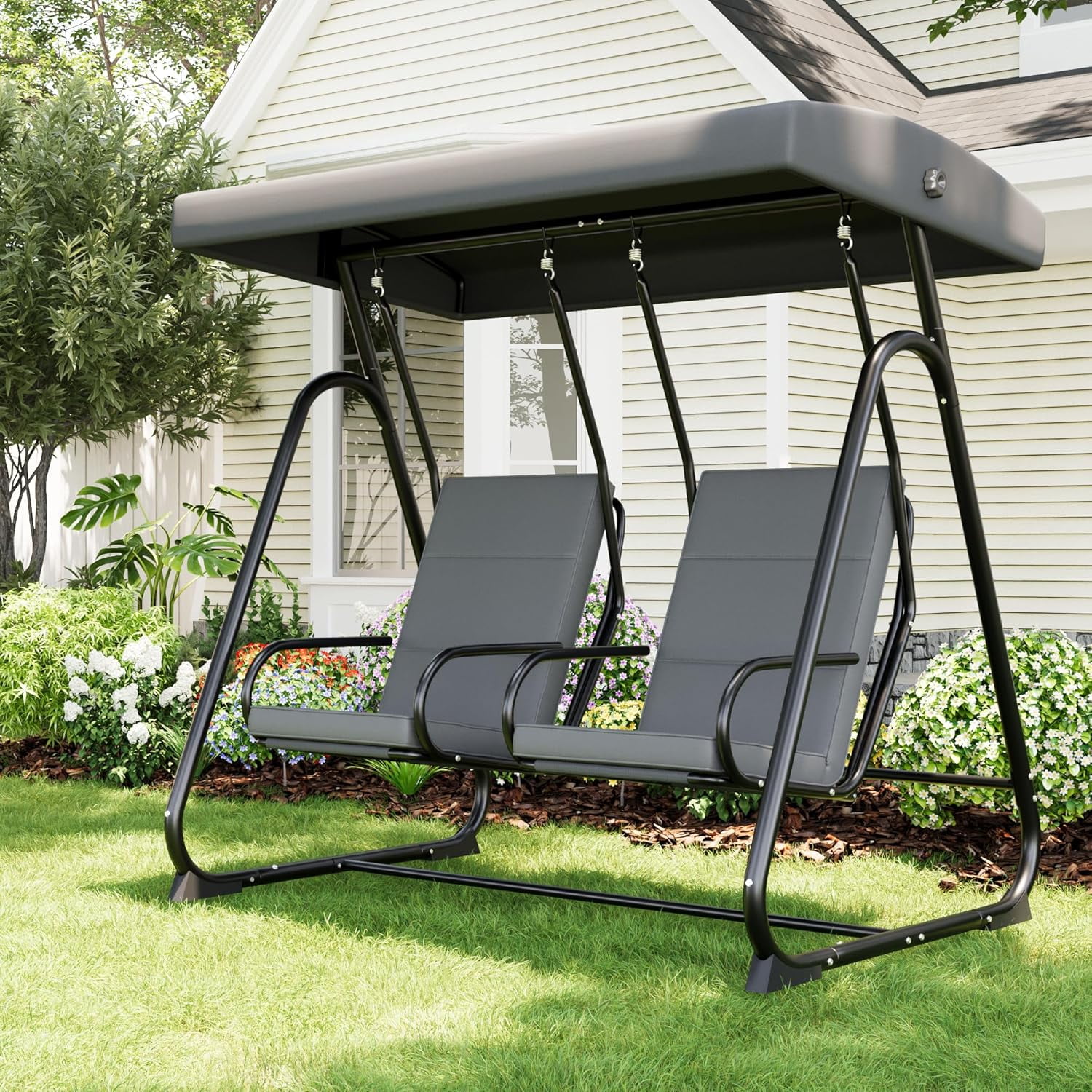 2-Person Patio Swing Chair Outdoor Porch Swing Glider with Adjustable Canopy&Removable Cushions ...