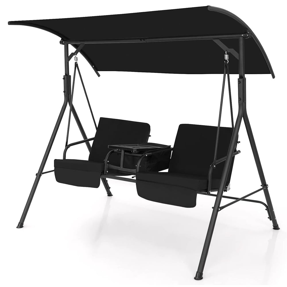2 Person Porch Swing with Canopy, Outdoor Patio Swing with Center Tray ...