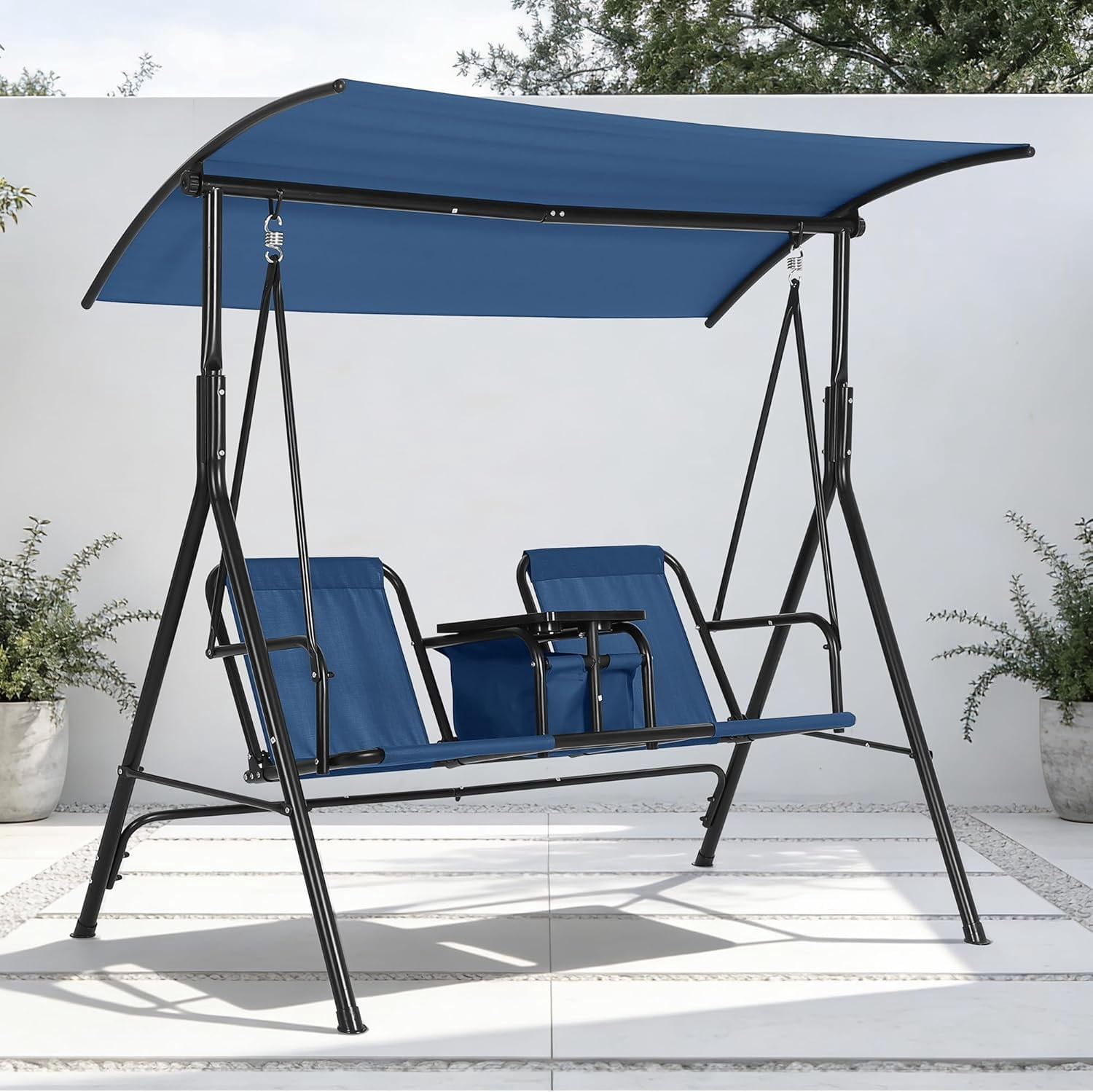 2-Person Porch Swing with Cup Holders, Pivot Storage Table & Cooler Bag ...