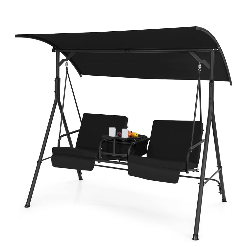2 Person Porch Swing, Outdoor Swing with Pivot Storage Table, Cooler ...