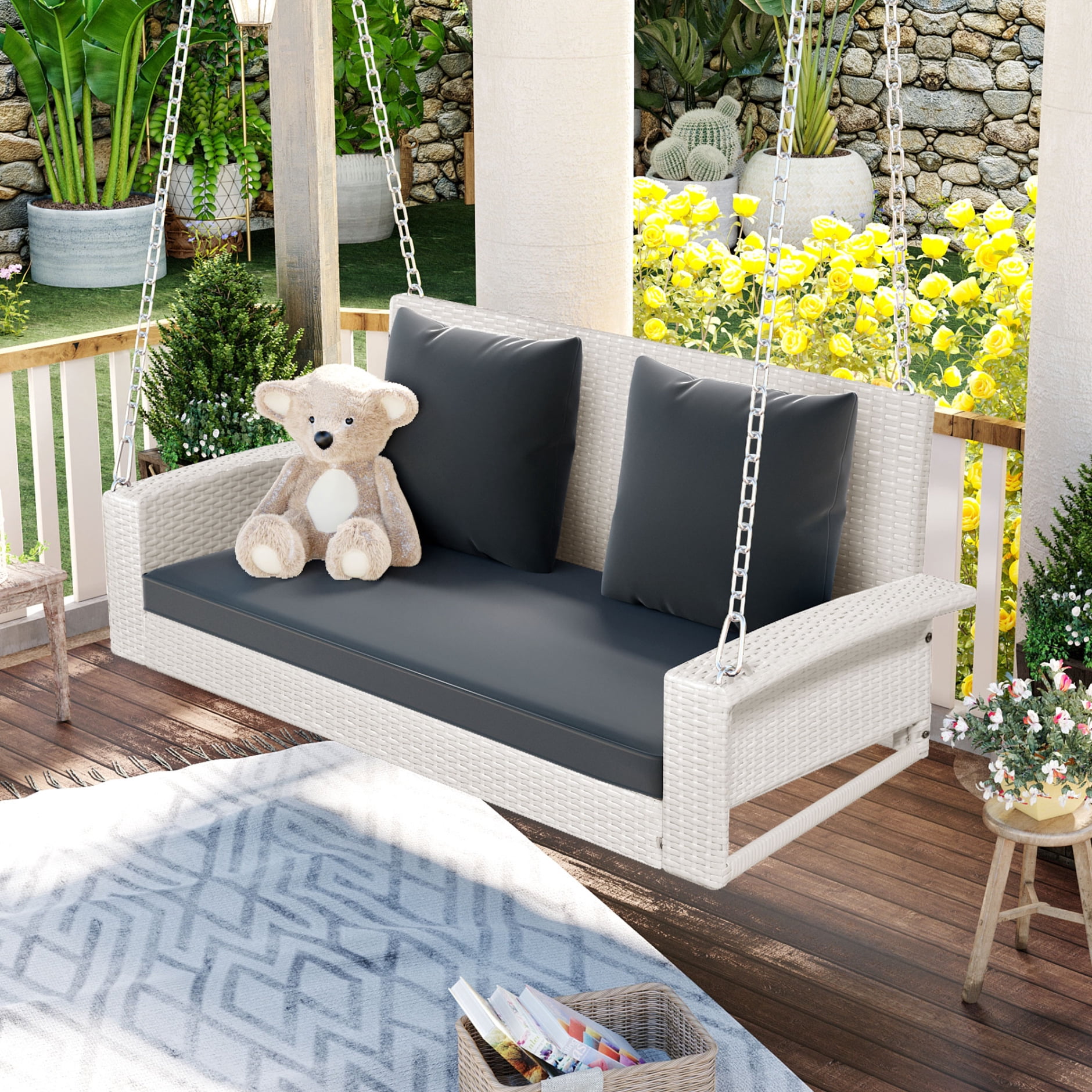 2-Person Porch Swing,Outdoor Wicker Hanging Swing Bench with Chains ...