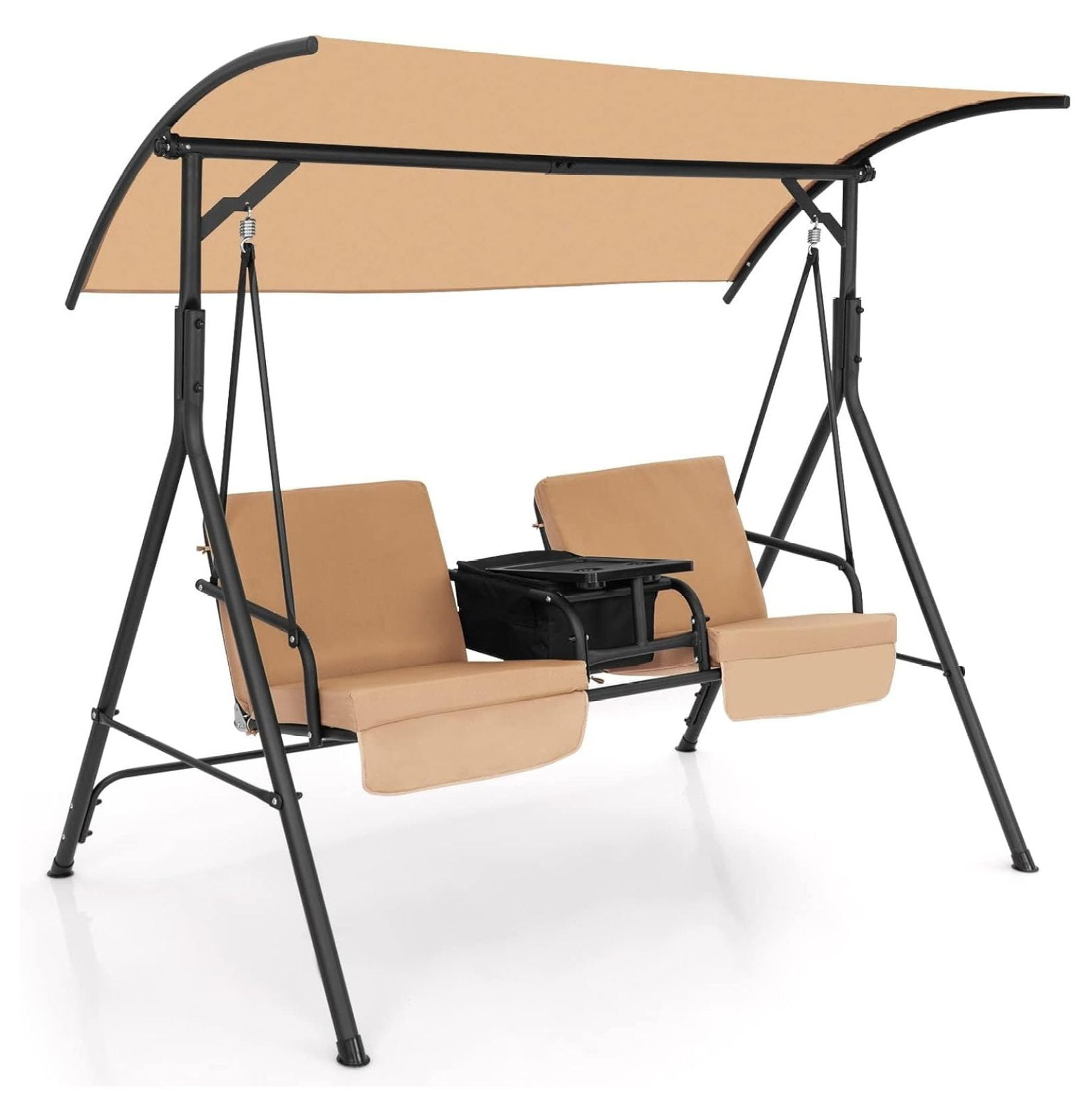 2 Person Porch Swing with Canopy, Outdoor Patio Swing with Center Tray ...