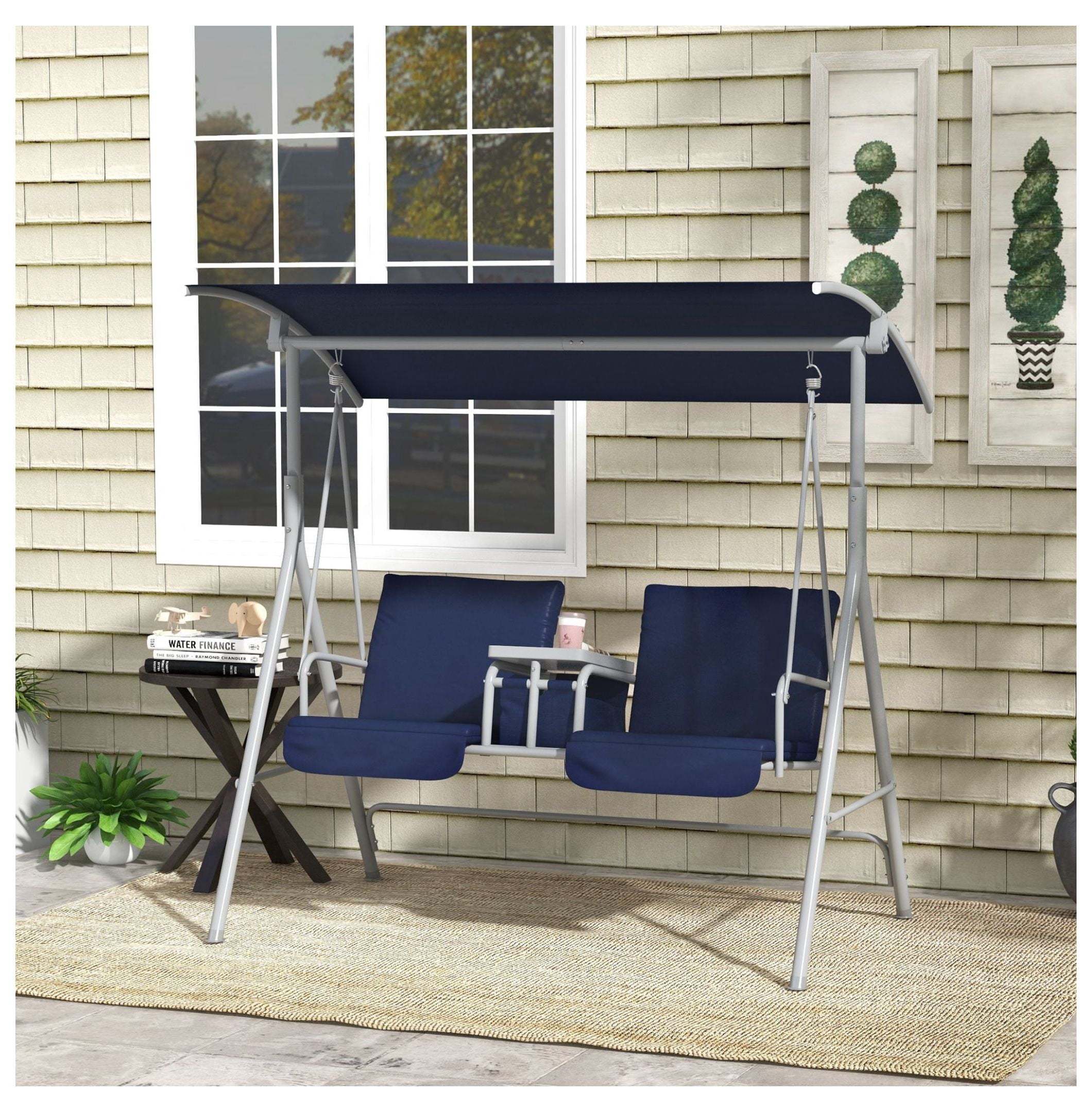 2 Person Porch Swing with Stand - Outdoor Canopy Swing Chair - Dark ...
