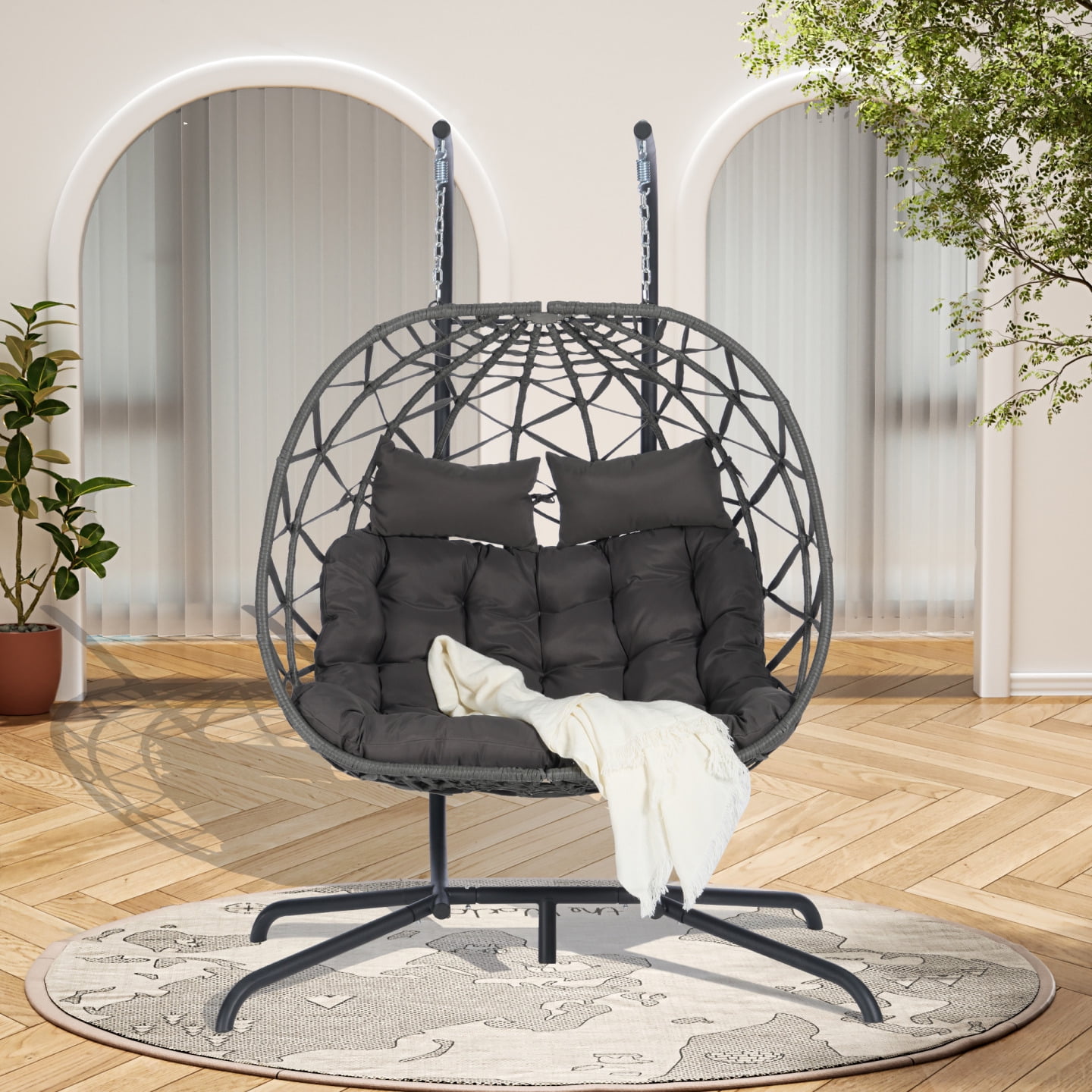 2 Person Rattan Wicker Egg Chair, Oversized Double Swing Chair with ...