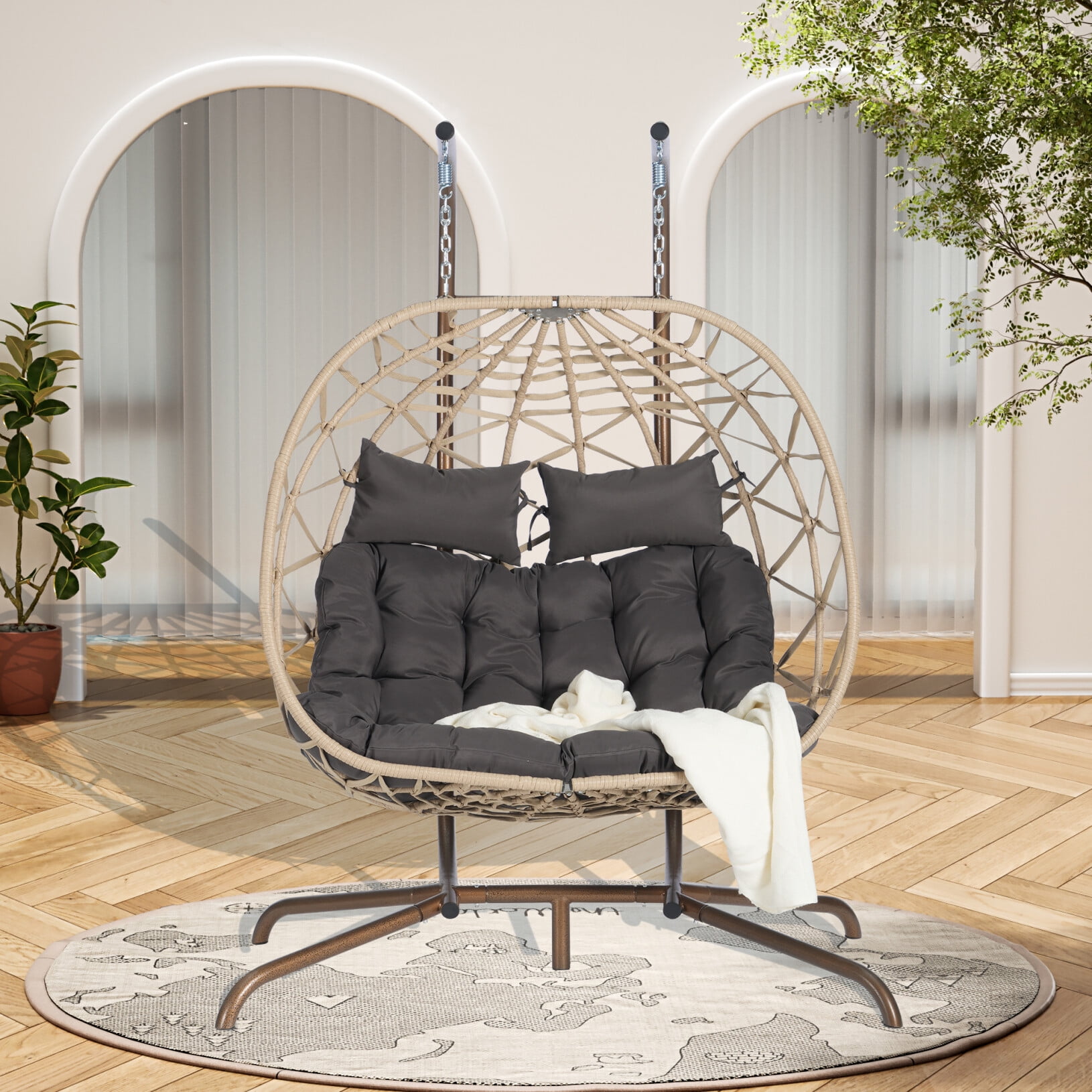 2 Person Rattan Wicker Egg Chair, Oversized Double Swing Chair with ...