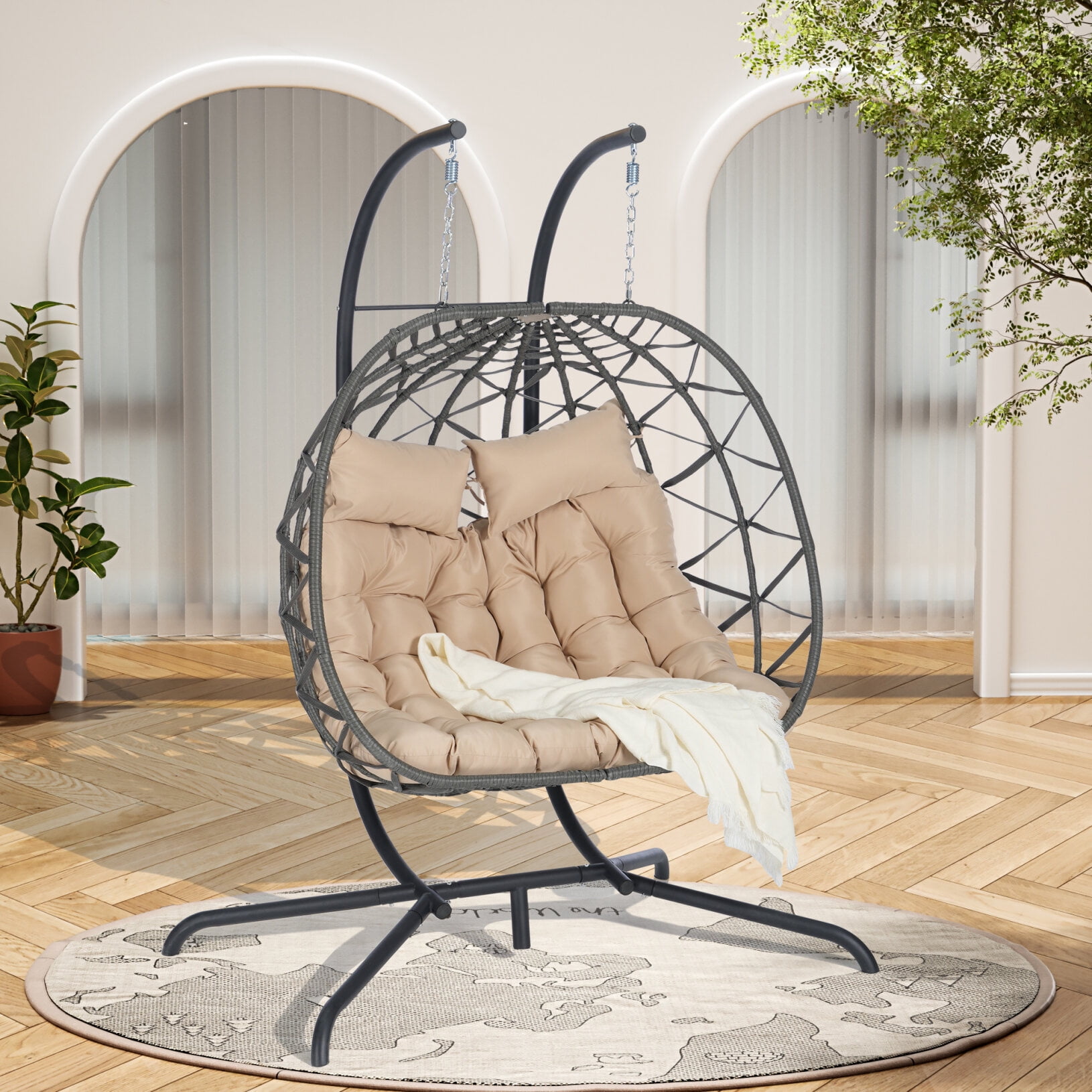 2 Person Rattan Wicker Egg Chair, Oversized Double Swing Chair with ...