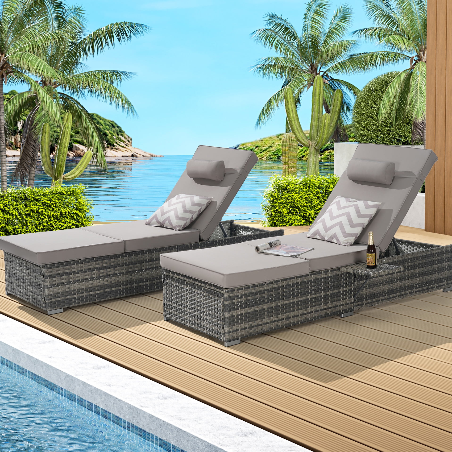 2 Person Seating Group Outdoor Chaise Lounge - Adjustable , Storage ...
