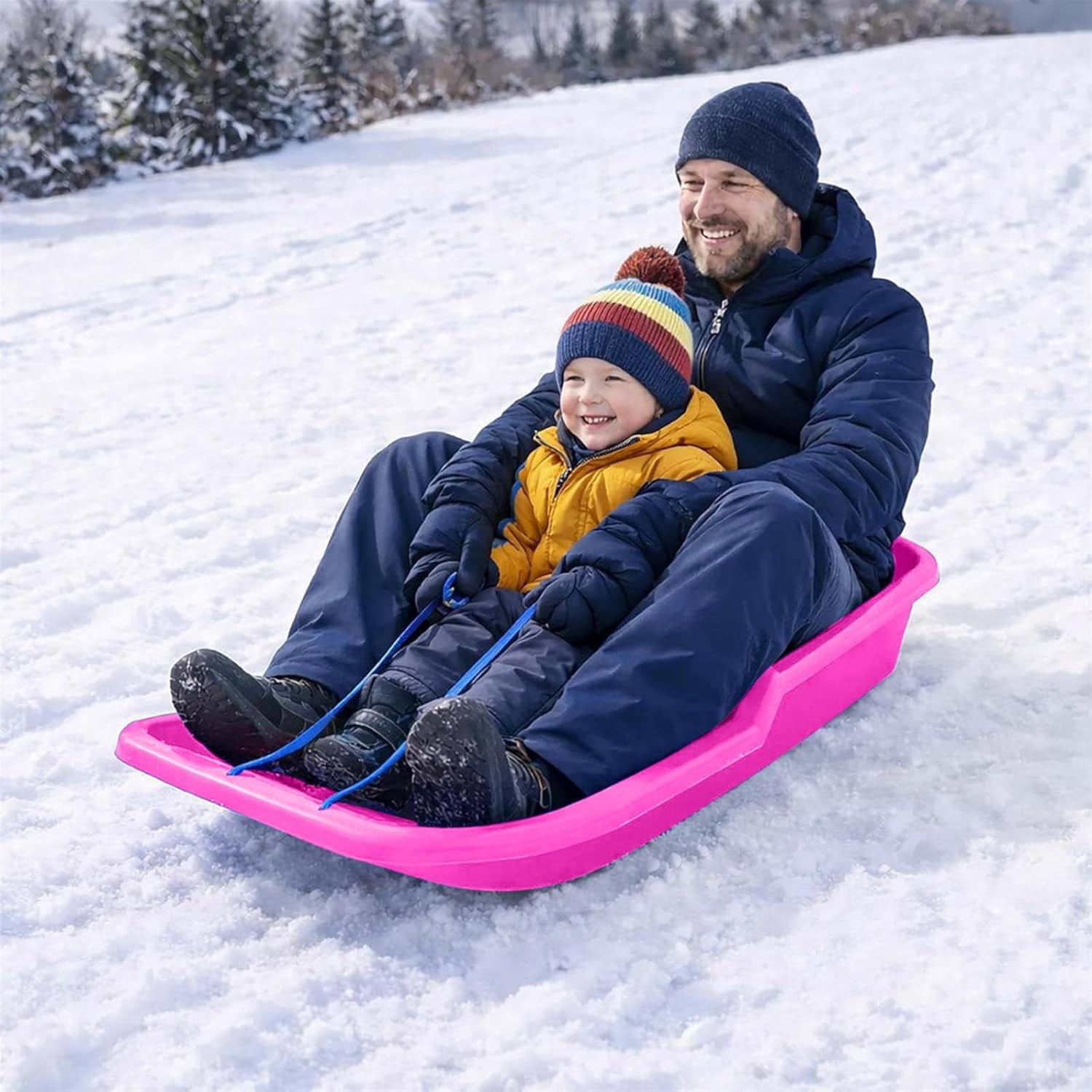 2 Person Snow Sled for Kids and Adults - Heavy Duty Plastic Toboggan ...