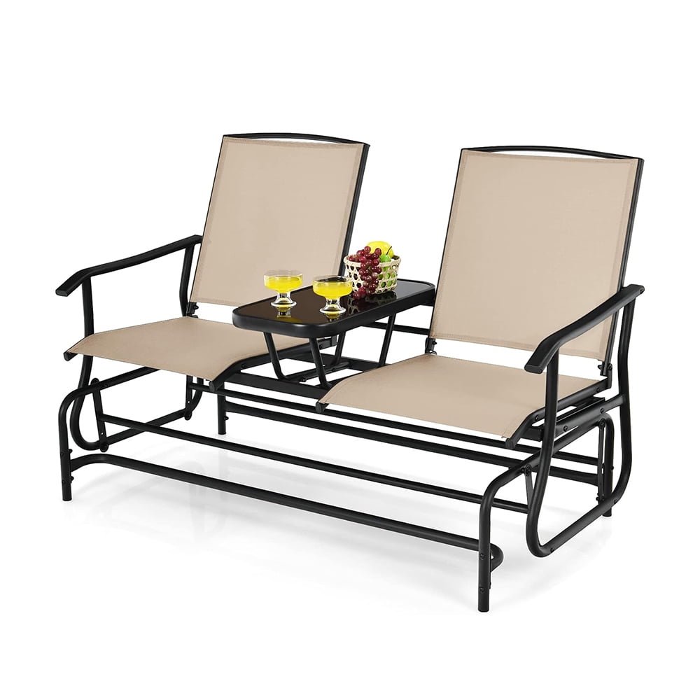 2 Person Swing Glider Chair, Patio Rocking Loveseat w/Center Tempered ...