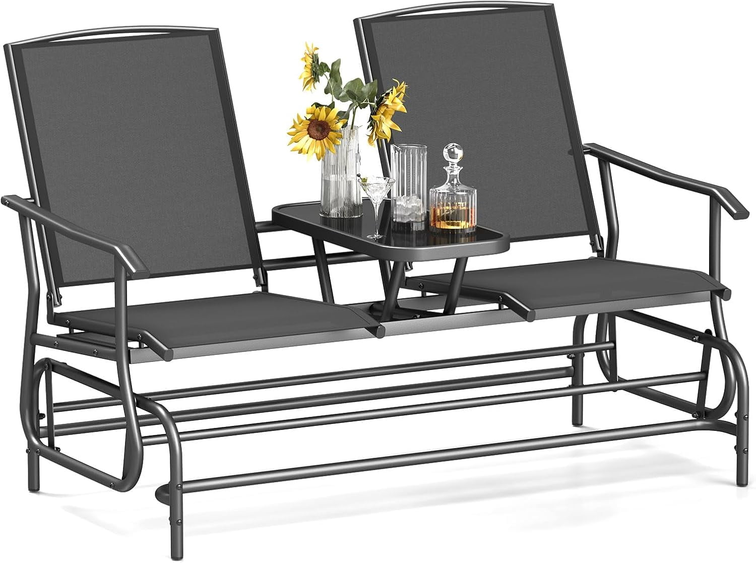 2 Person Swing Glider Chair, Patio Rocking Loveseat w/Center Tempered ...