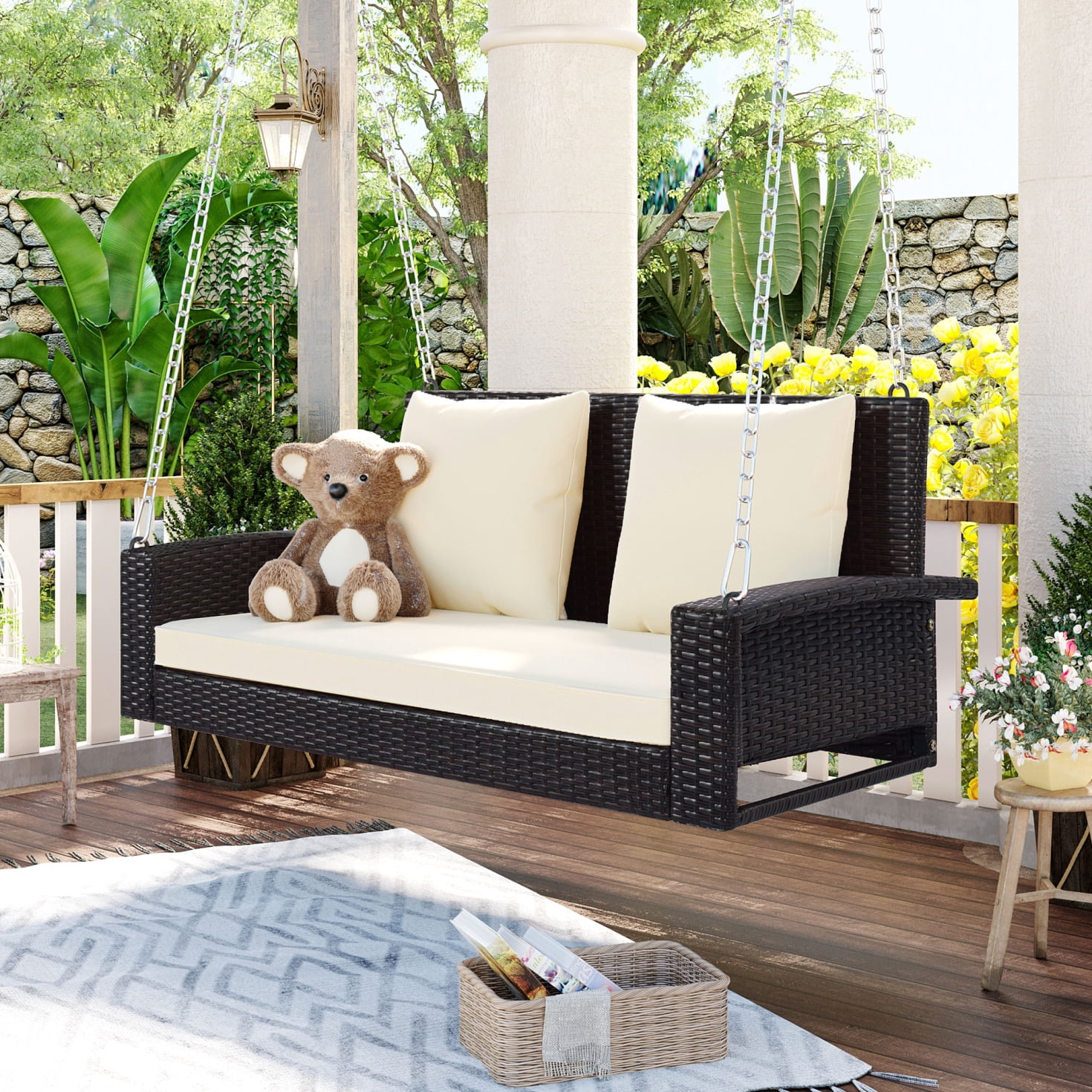 2-Person Wicker Hanging Porch Swing with Removable Cushion & Pillow ...