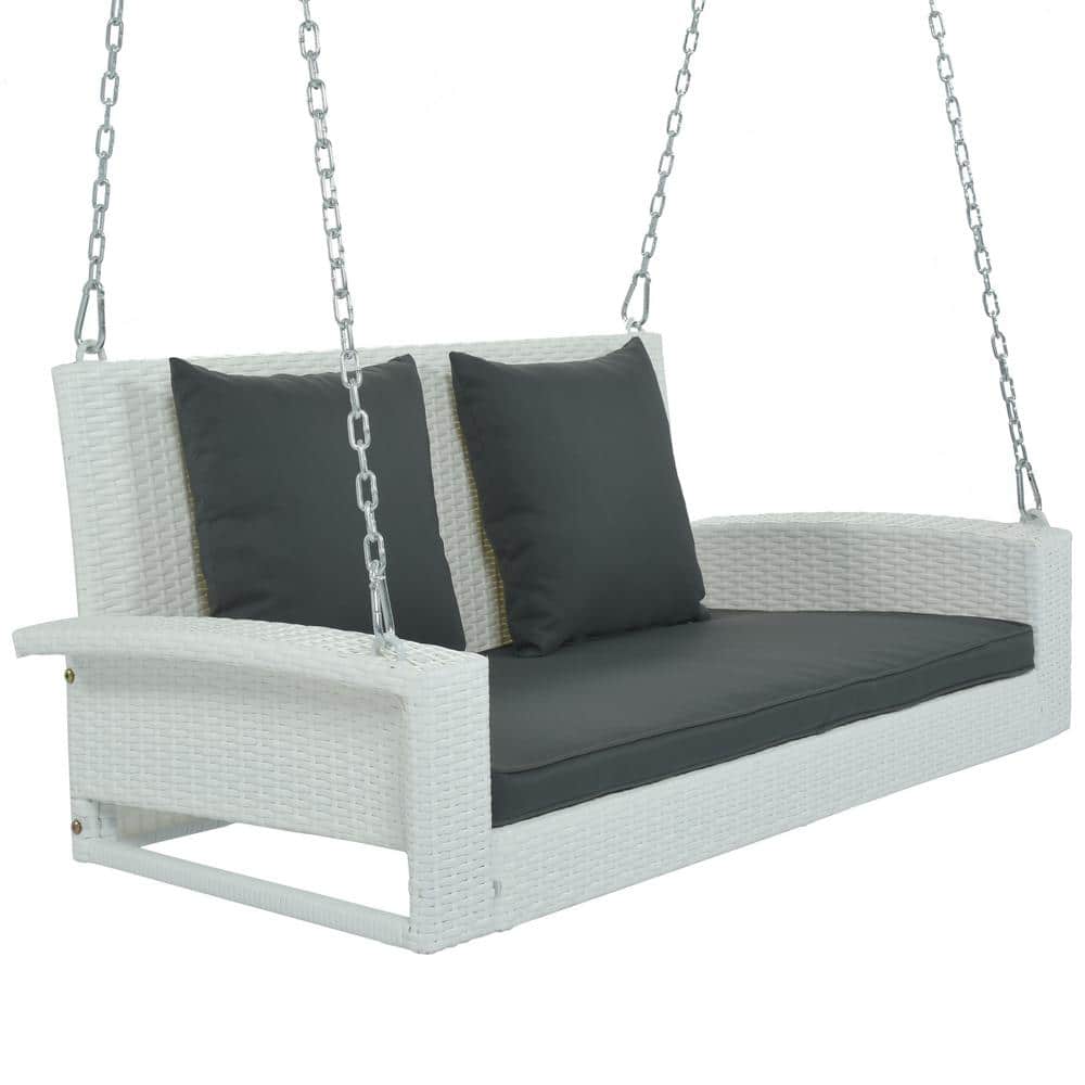 2-Person Wicker Outdoor Hanging Porch Swing with Chains Cushion Pillow, Rattan Swing Bench for ...
