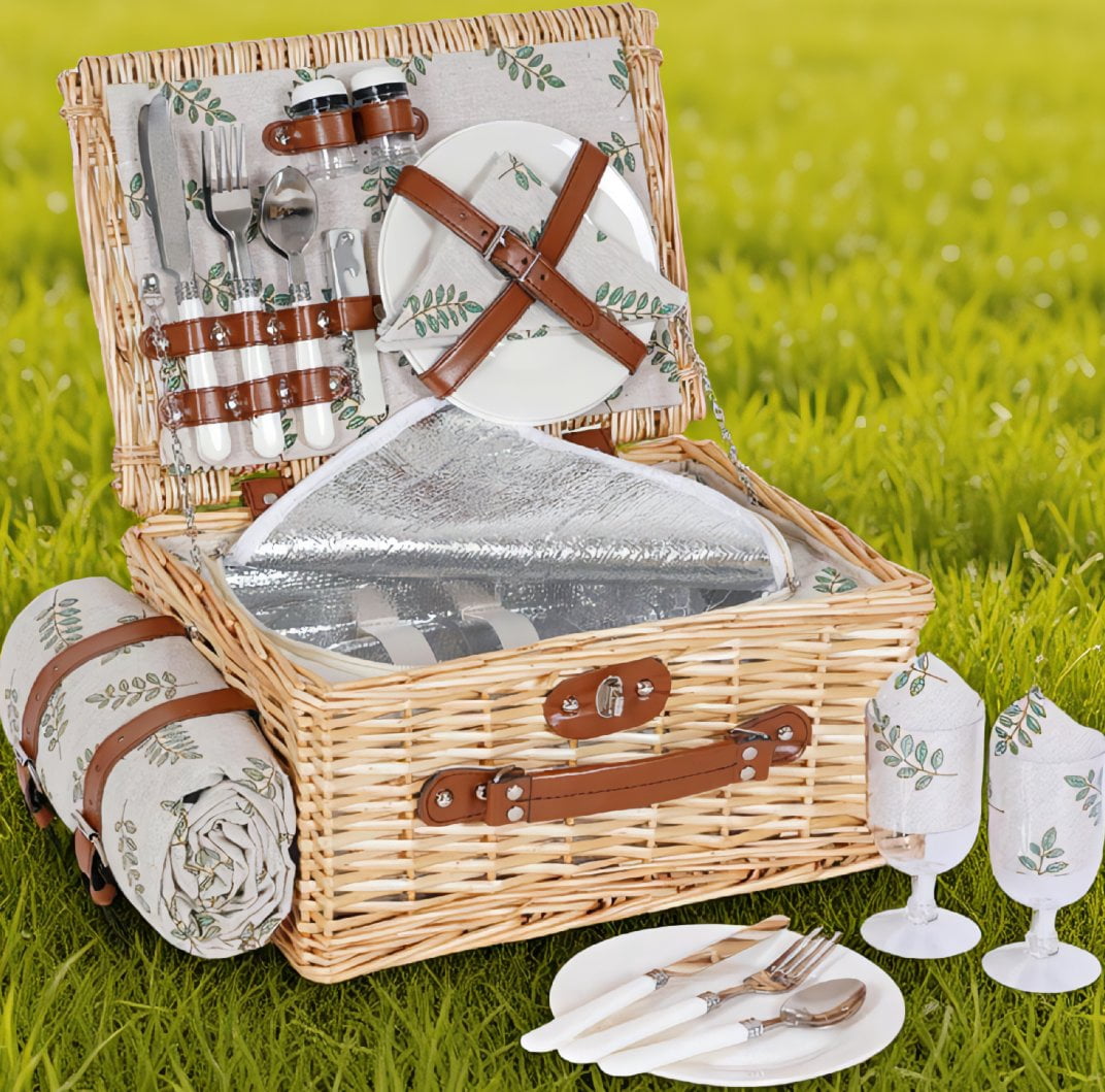 2-Person Wicker Picnic Basket Set with Insulated Liner, Waterproof ...
